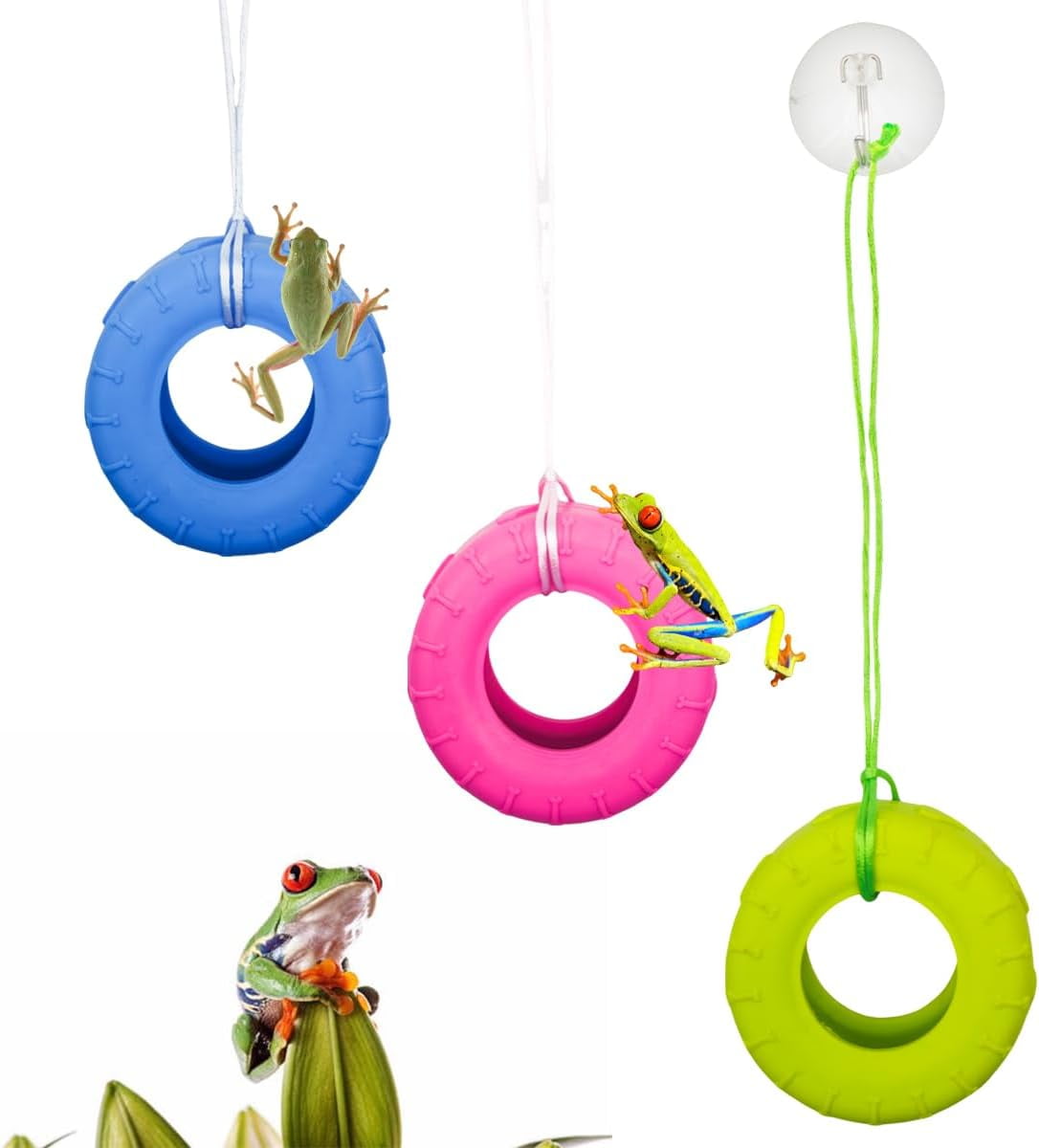 XD5-3 Pack Colours Tree Frog Tire Swing,Suction Cup Hook Climbing Toy ...