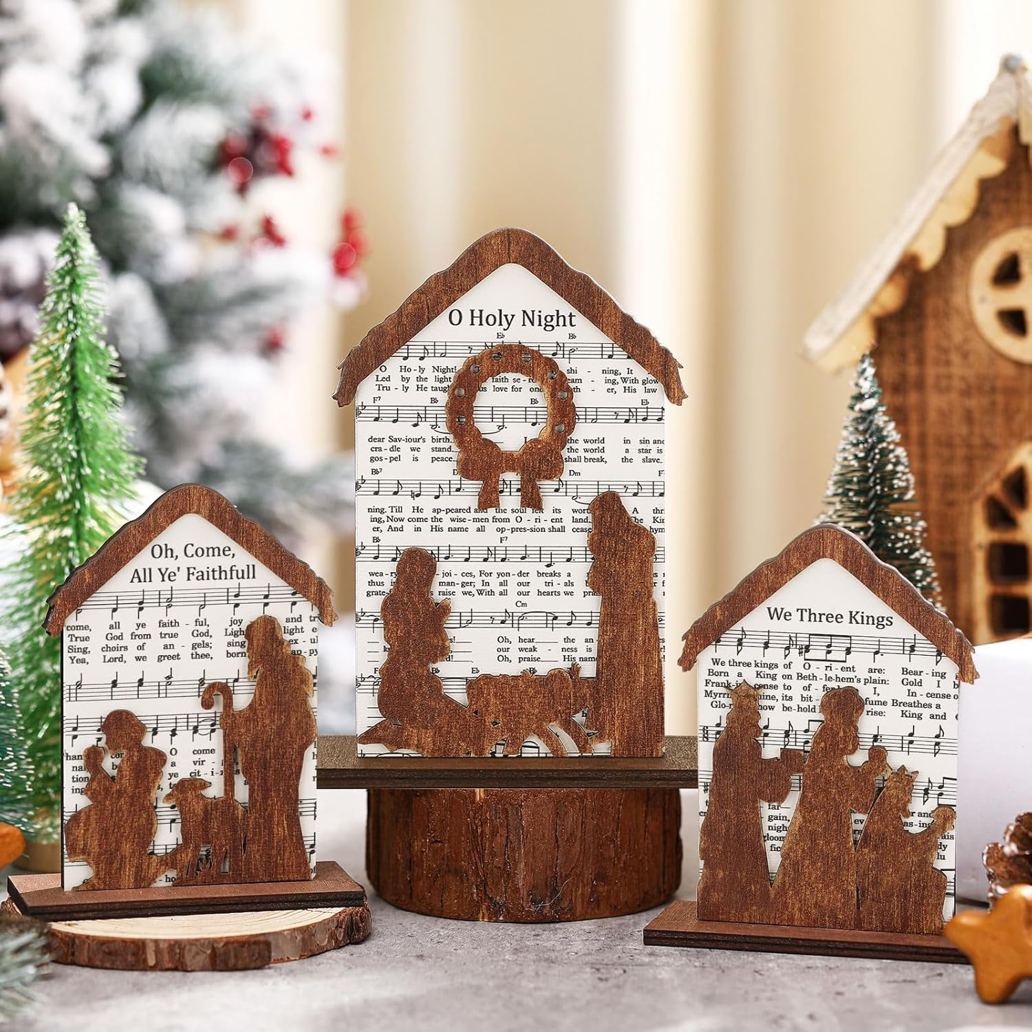 XD5-3 Pcs Music Sheet Nativity Tabletop Decor Wooden Christmas Nativity ...