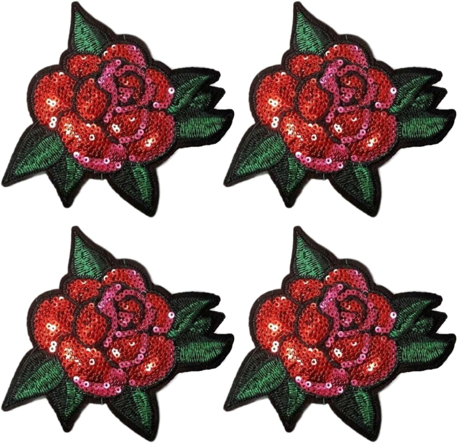 XD5-4Pcs Red Sequin Rose with Leaf Patch Iron-On/Sew On, 5 inch ...