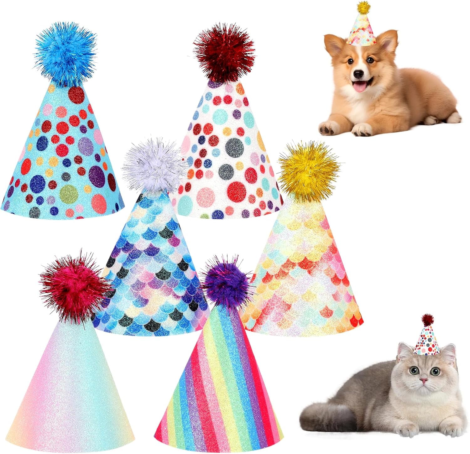XD5-6 Packs Cat Birthday Hat, Rainbow Dog Party Hats Dog Birthday Hats ...