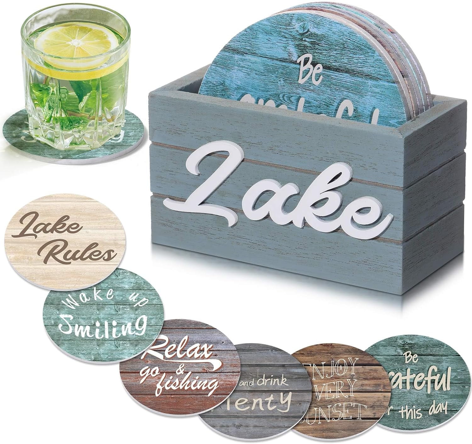 XD5-6 Set Lake Theme Coasters with Holder for Drinks, Lake House Gifts ...