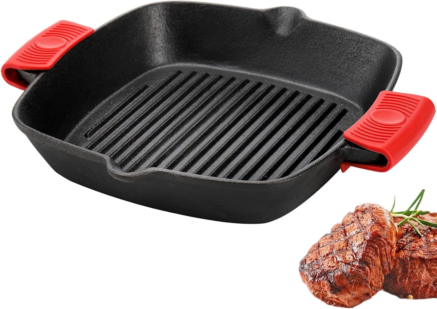 XD5-Cast Iron Grill Pan, 10" Square Skillet with Easy Grease Drain ...
