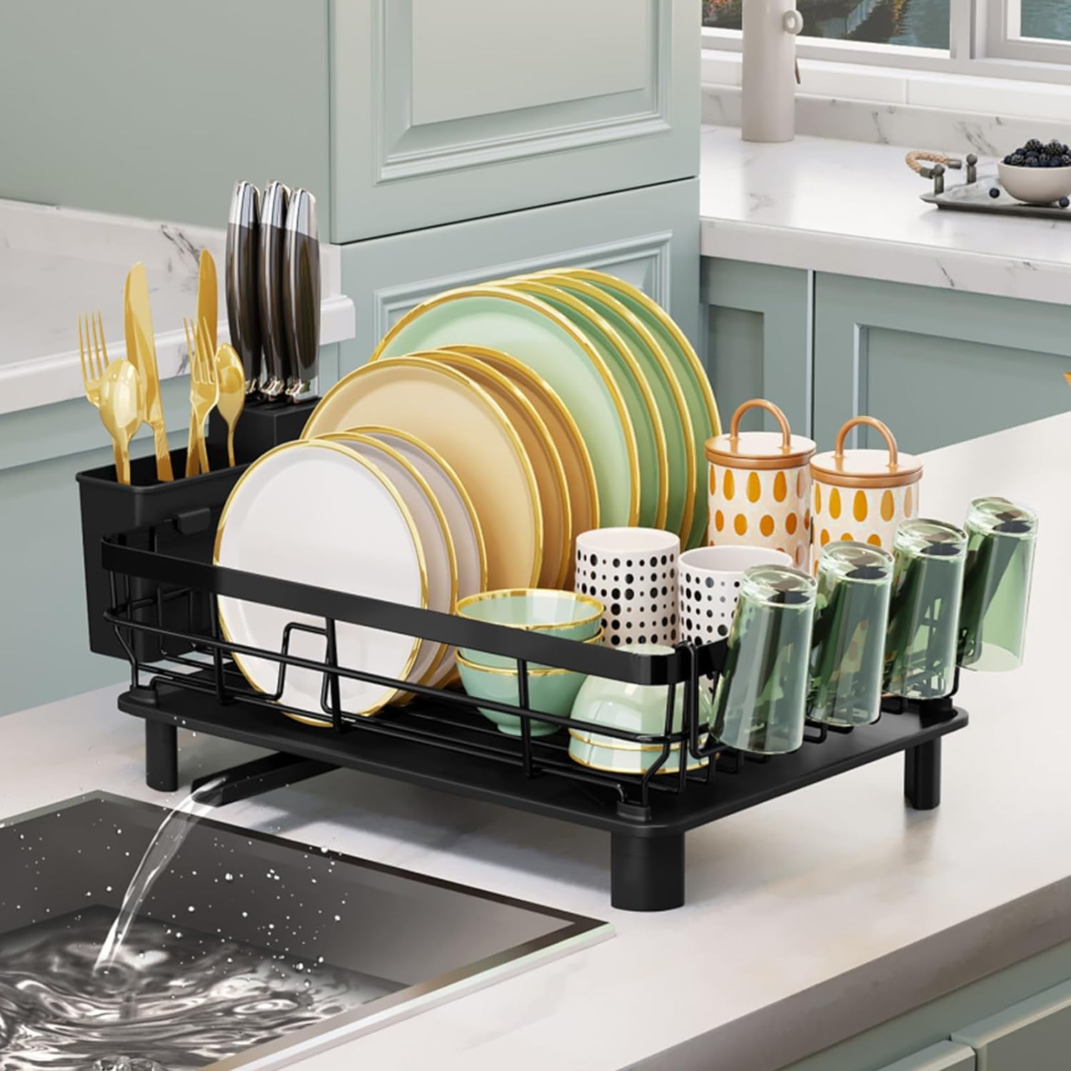 XD5-Dish Drying Rack, Rust-Proof Dish Drainer with Drainboard Utensil ...