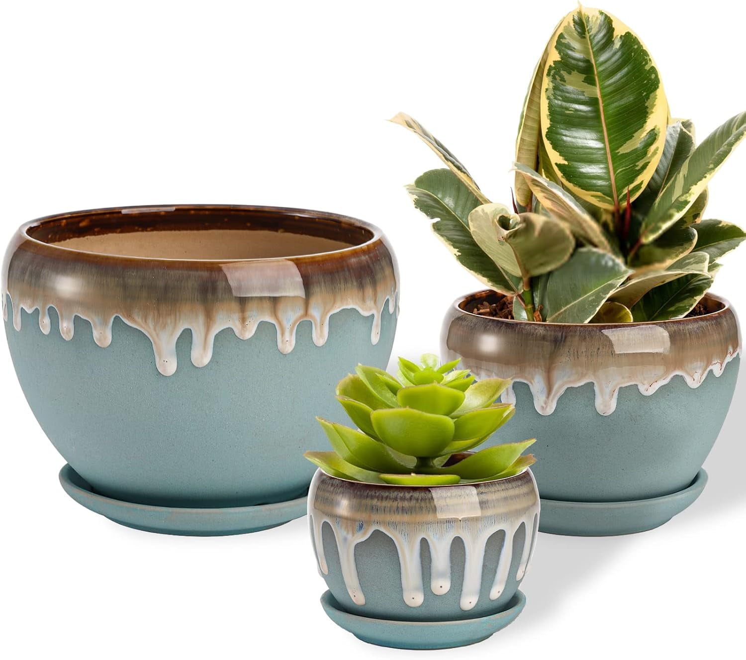 XD5-Set of 3 Ceramic Plant Pot, Planter Pots with Drain Hole and ...