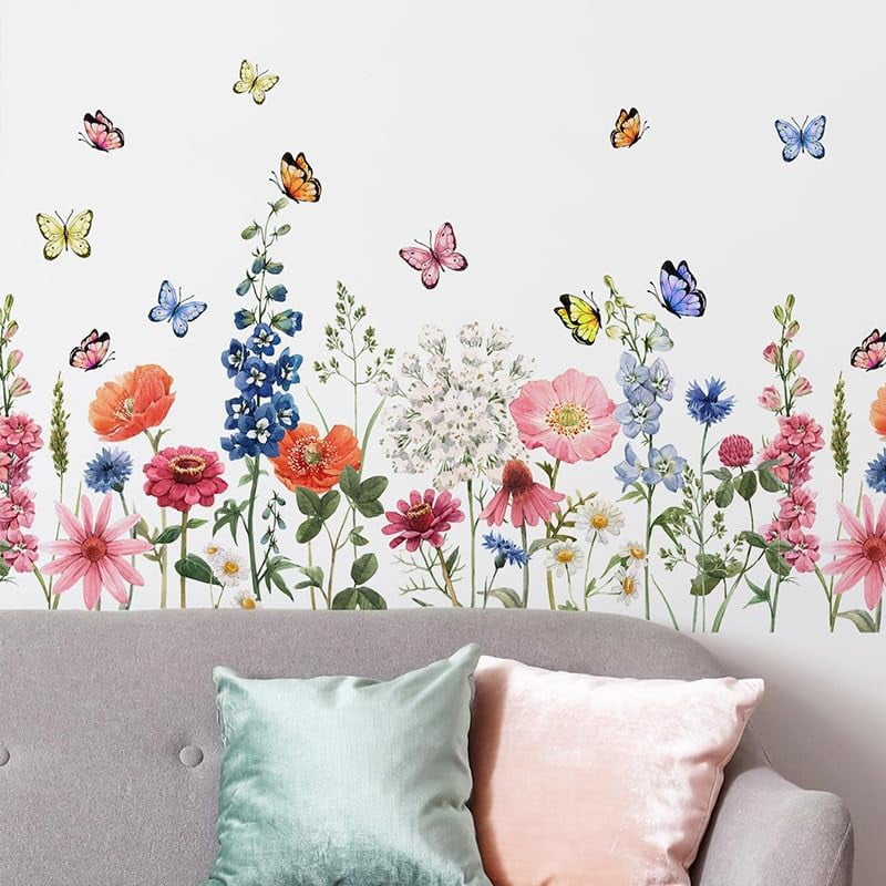 XD5-Wildflower Wall Decals Daisy Wildflower Grass Butterflies Wall ...
