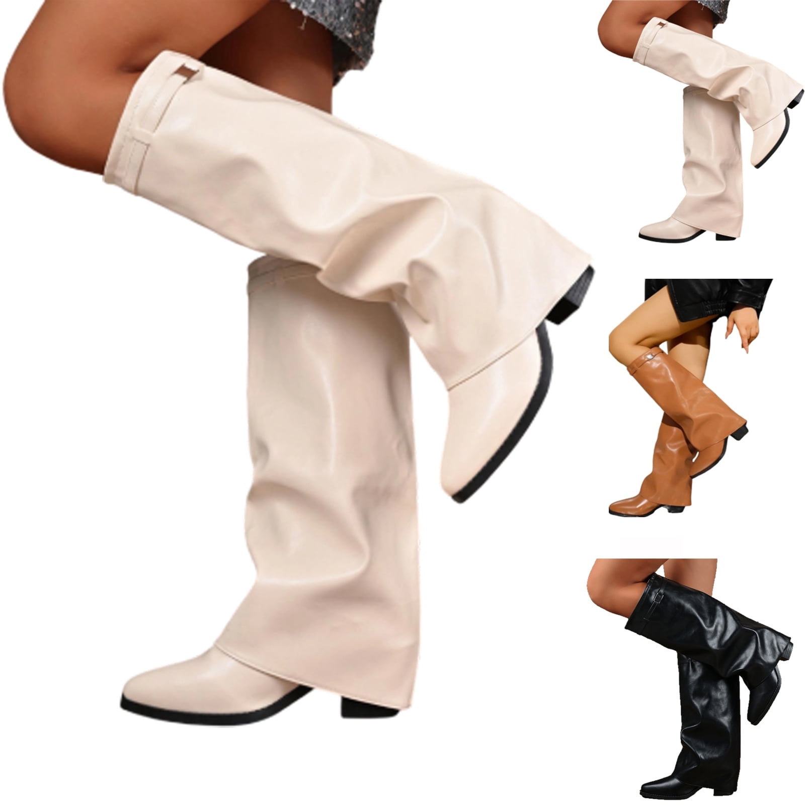XDDLITP Chunky High Heels Fold Over Boots For Women Block Low Heel Fold ...