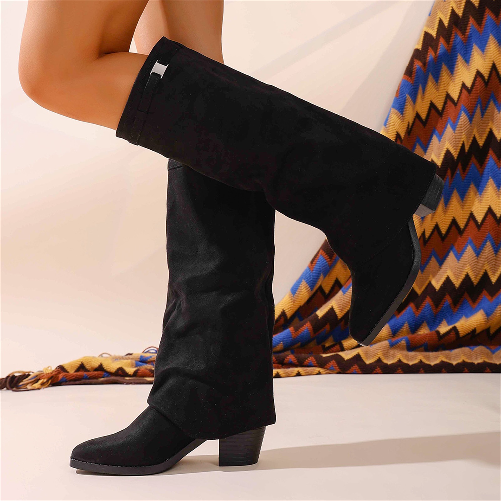 XDDLITP Chunky High Heels Fold Over Boots For Women Fold Over Pointed ...