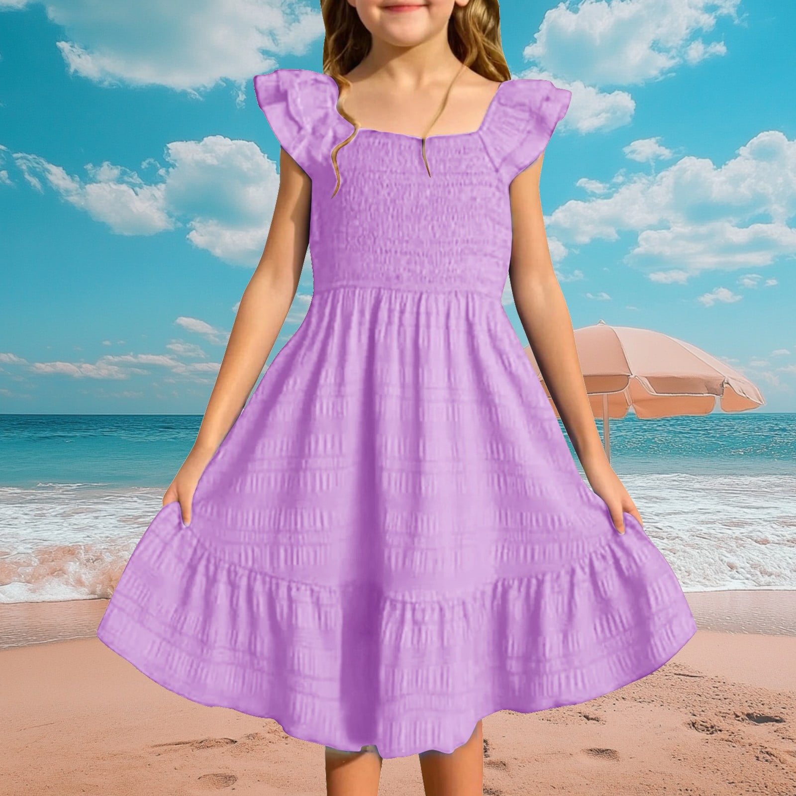 XDDLITP Dresses for Teens Ruffle Sleeve Smocked A-Line Dresses Solid ...