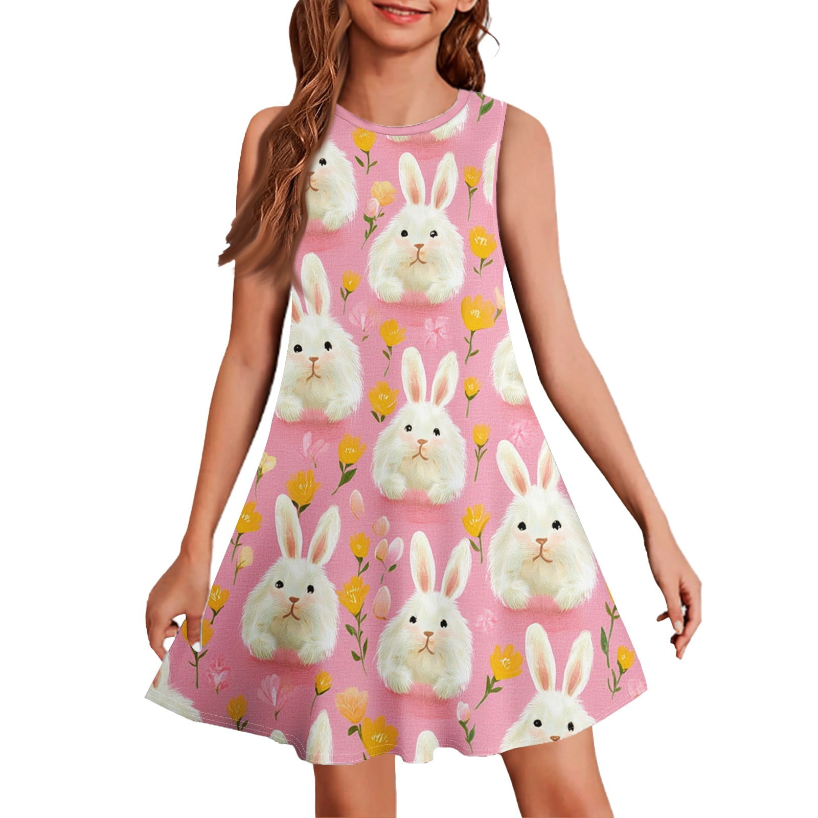 XDDLITP Girls 2025 Swing Tank Sundress Sleeveless Easter Bunny Egg Print Dresses with Pockets A ...