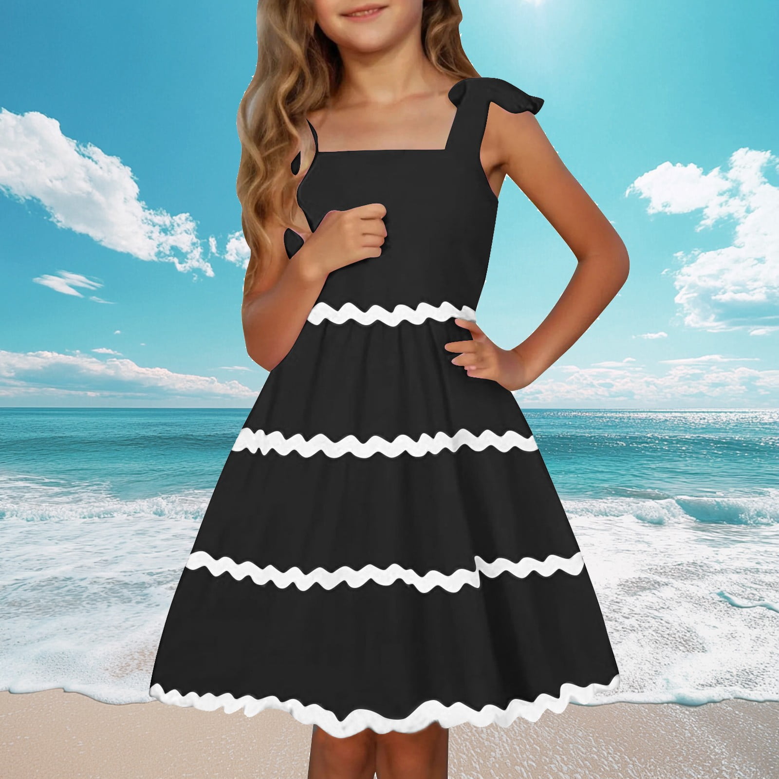 XDDLITP Girls Dresses Double Pleated Sleeve A-Line Dress Solid Color Square Neck Dress Off ...