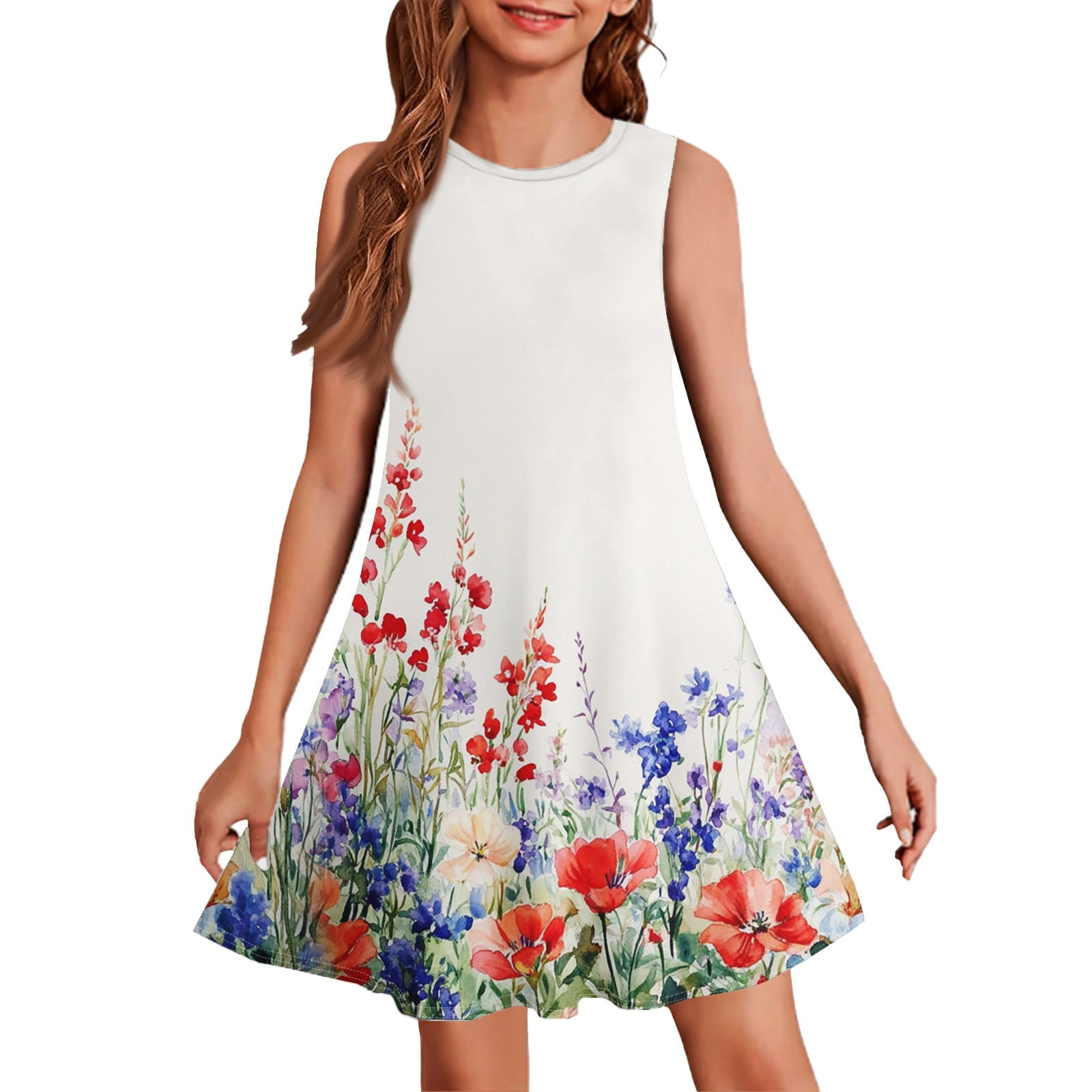 XDDLITP Girls Floral Dress Sleeveless Floral Print Dresses with Pockets A-Line Sundresses for 4 ...