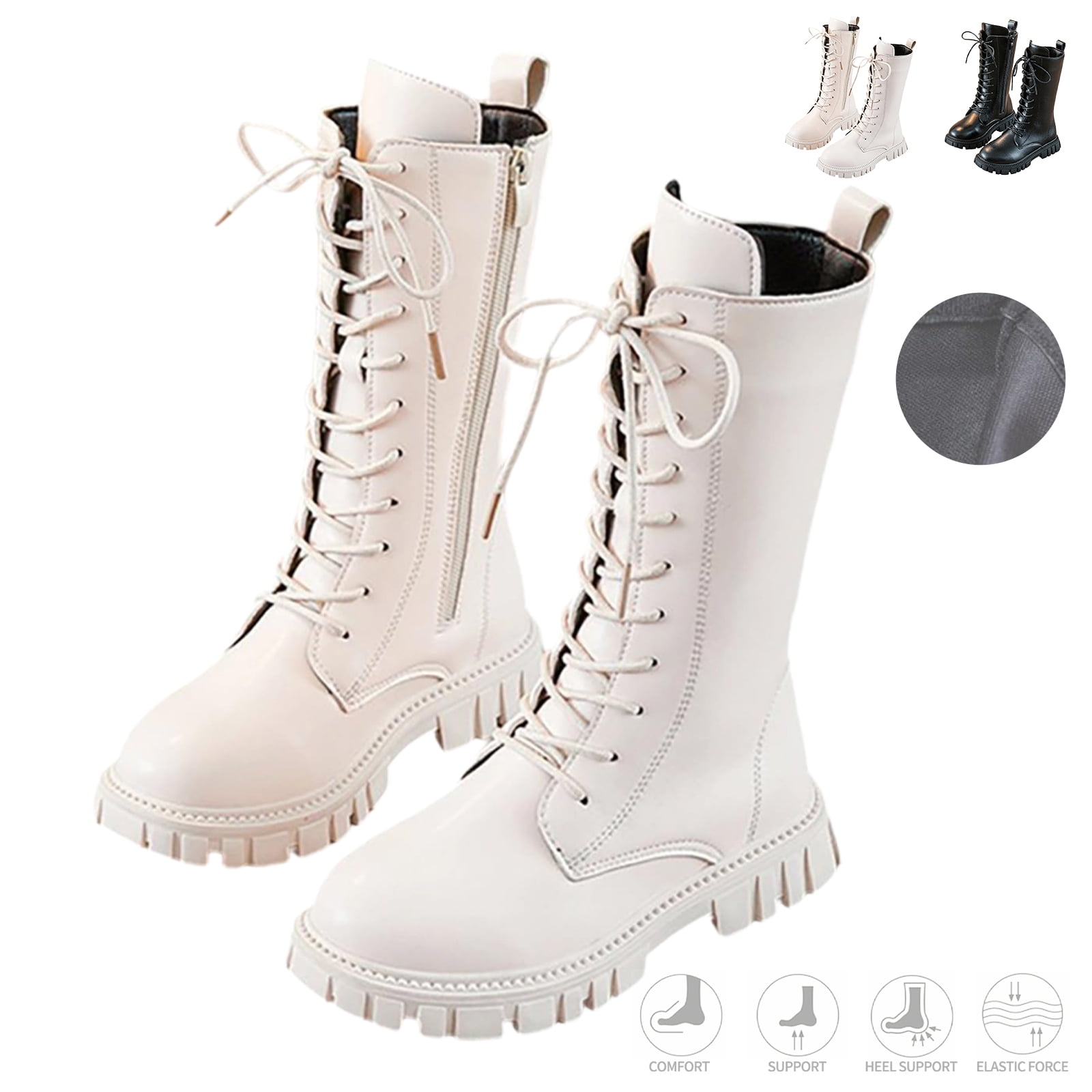 XDDLITP Girls Lace Up Riding Boots Combat Boots Knee High Solid Color ...