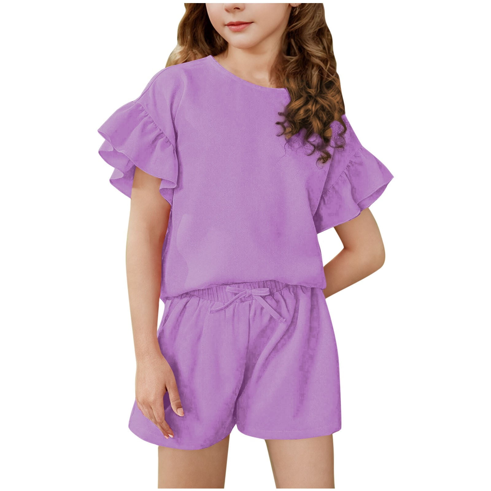 XDDLITP Girls Short Sets Ruffle Sleeve Top and Elastic Waist Shorts Clothing Set Lightweight ...