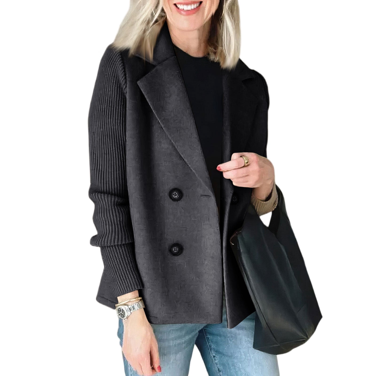 XDDLITP Sweater Blazer for Women Patchwork Sleeve Button Knitted Pea ...