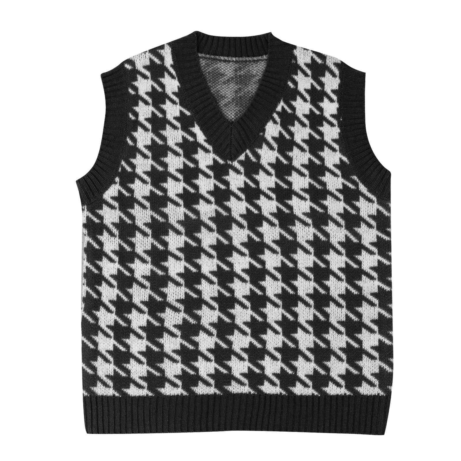 Xddlitp Womens V Neck Knit Sweater Vest Sleeveless Houndstooth Pattern