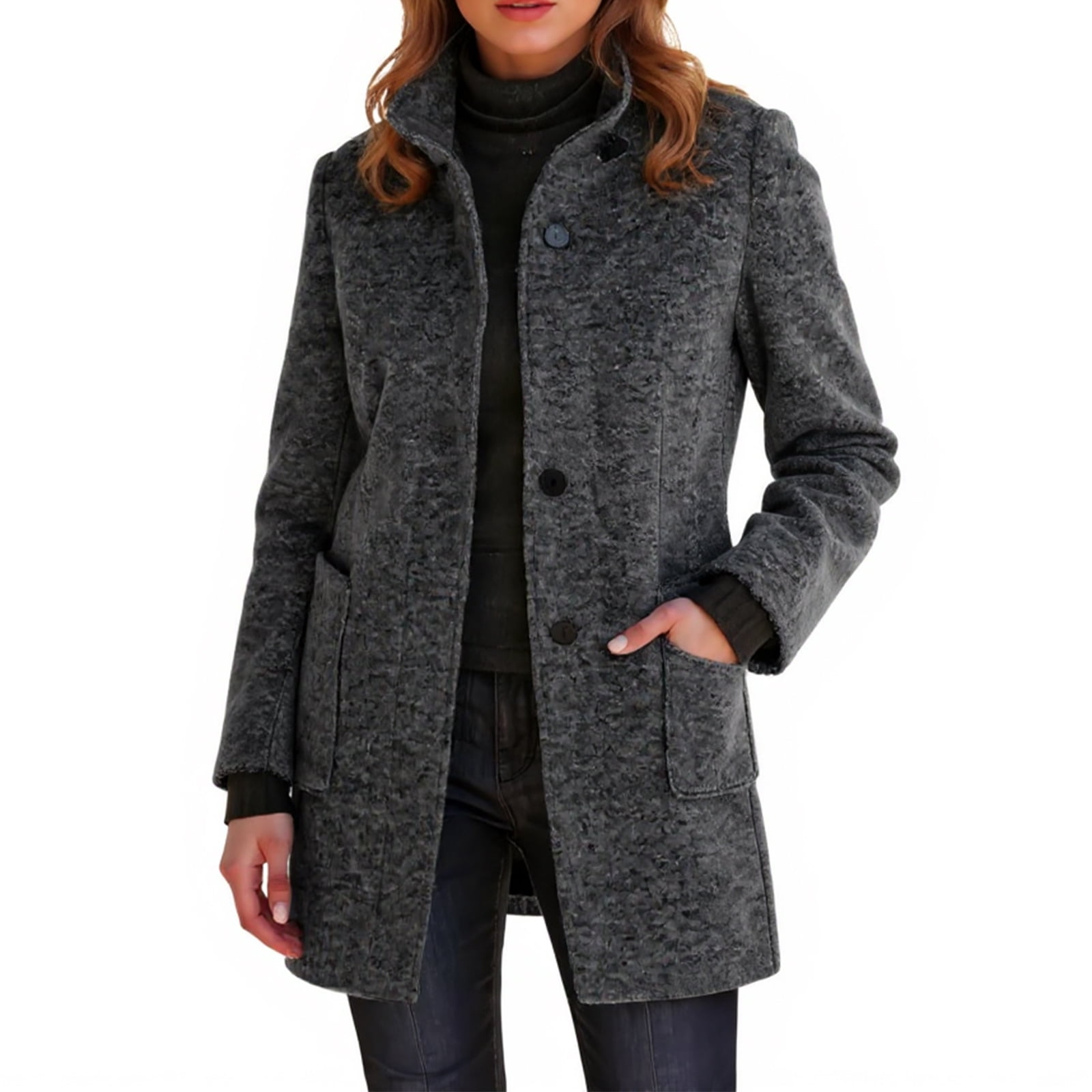 XDDLITP Womens Pea Coat Wool Blend Single-Breasted Peacoat Stand Collar ...