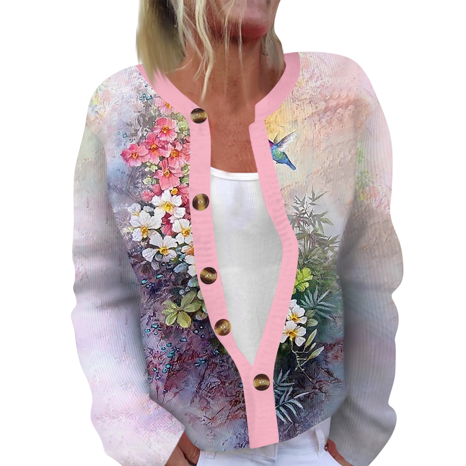 XDDLITP Y2k Flower Cardigan Sweaters for Women Floral Print Long Sleeve ...