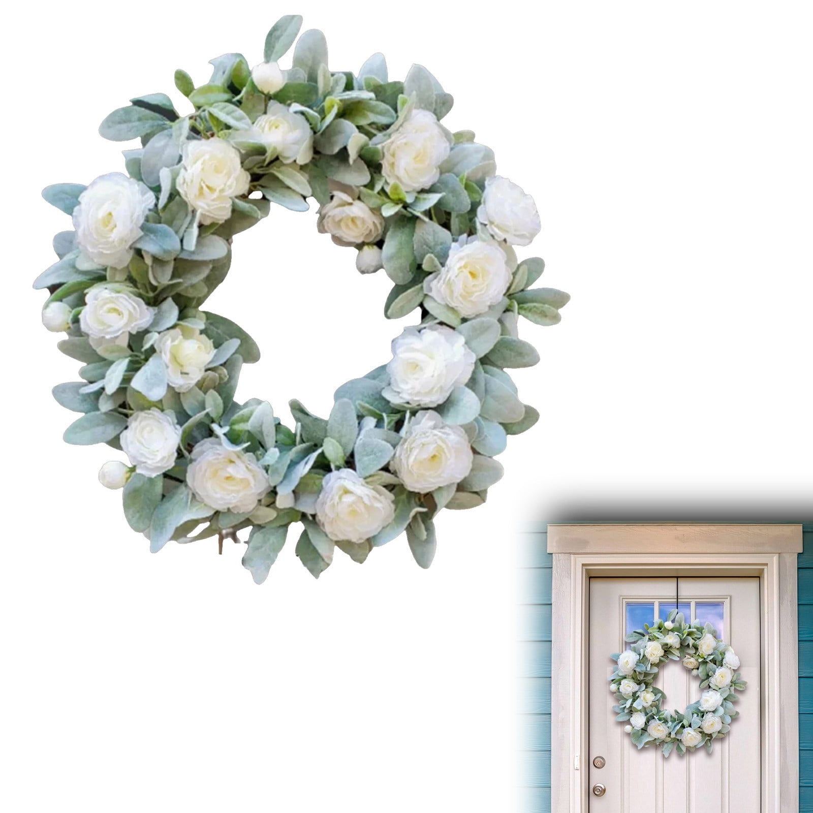 XDDST 17.7" Flocked Lambs Ear Wreath Floral Greenery Wreath Spring ...