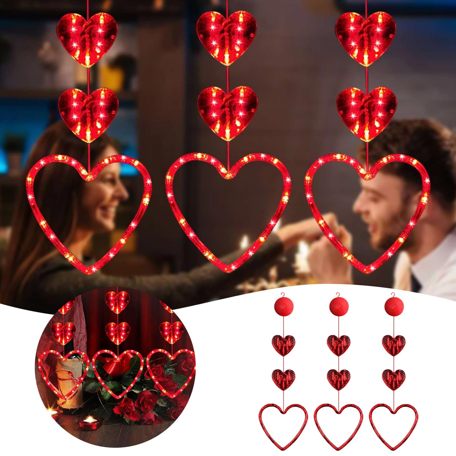 XDDST 3 Pack Valentines Day Window Lights Hanging Red Heart Lights with ...