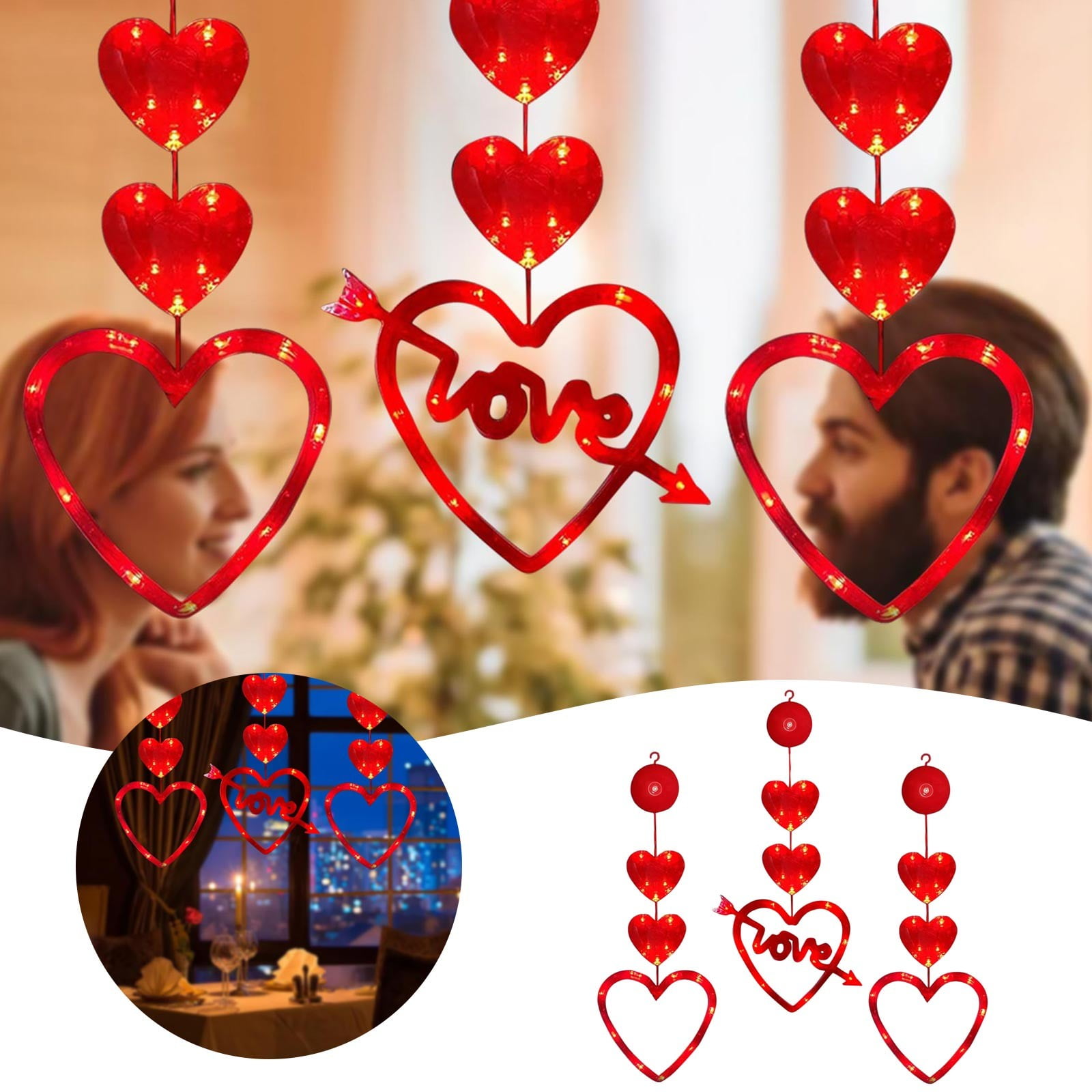 XDDST 3 Pack Valentines Day Window Lights Hanging Red Heart Lights with ...