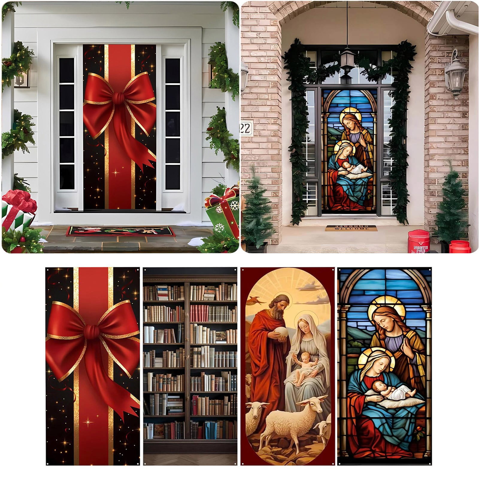 XDDST Nativityy Scene Door Cover Red Ribbon Nativityy Scene Christmas ...