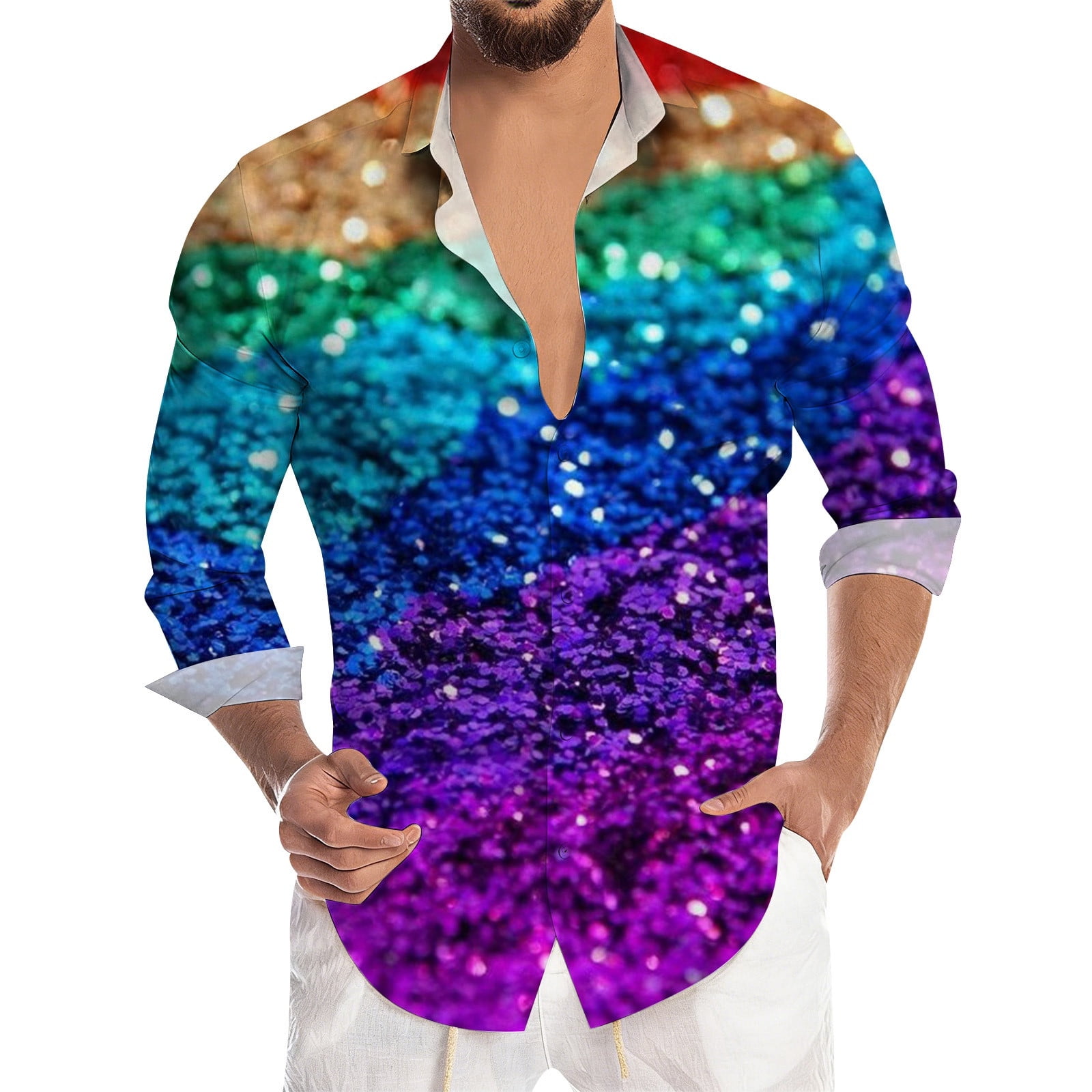 XDZJLR Dress Shirts For Men Sparkly Glitter Sequin Print Shirt Long ...