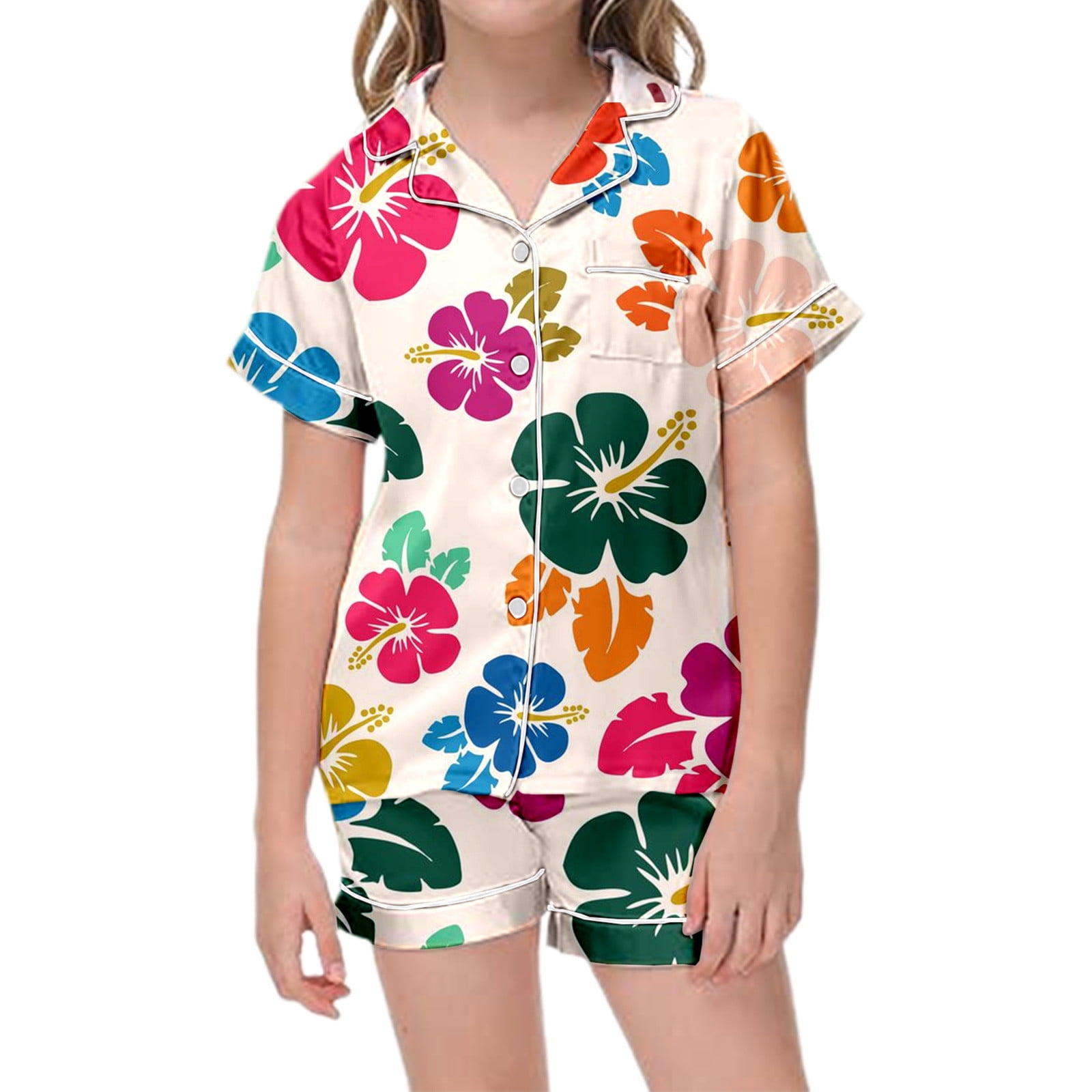 XDZJLR Girl Outfits 2 Piece for Flower Printed Pajamas Silk Lapel ...