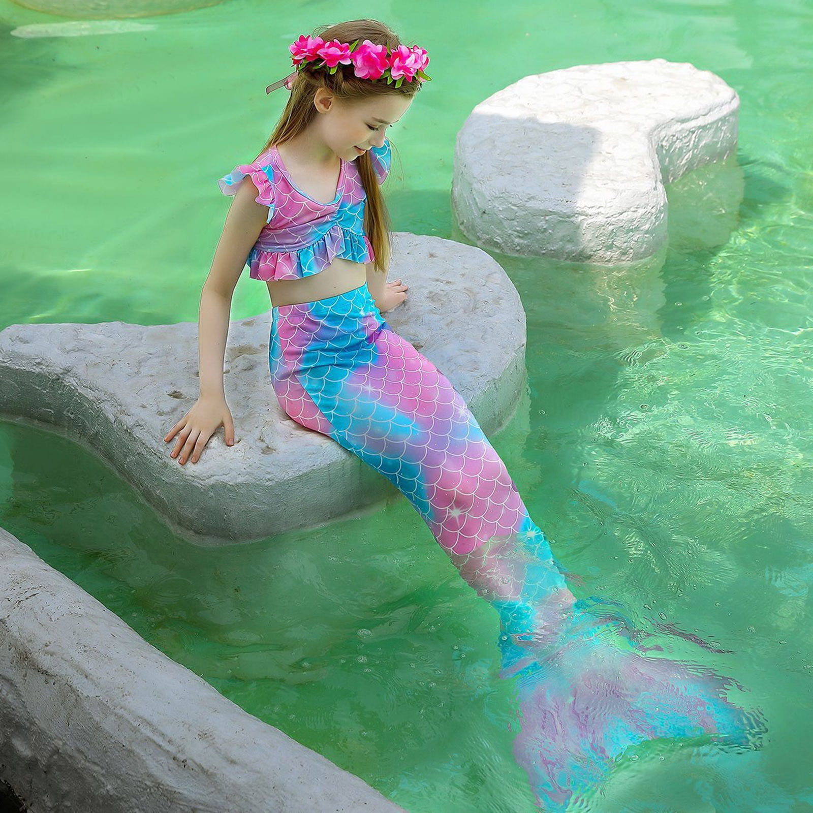 XDZJLR Girls Bathing Suit Bathing Suit Summer Child Printed Three Piece ...