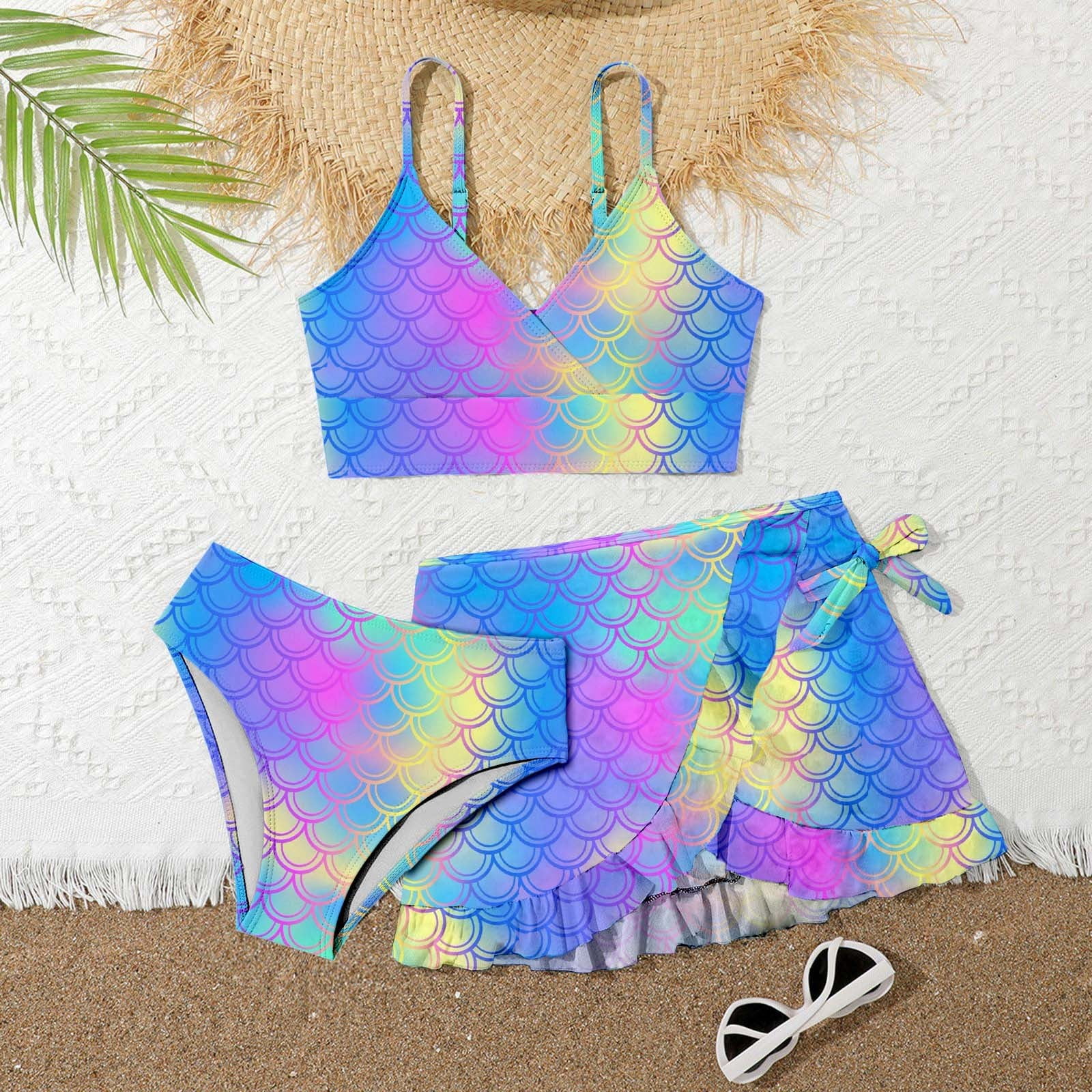 XDZJLR Girls Swimsuit Bathing Suit Scale Print Set for 3 Piece for Kids ...