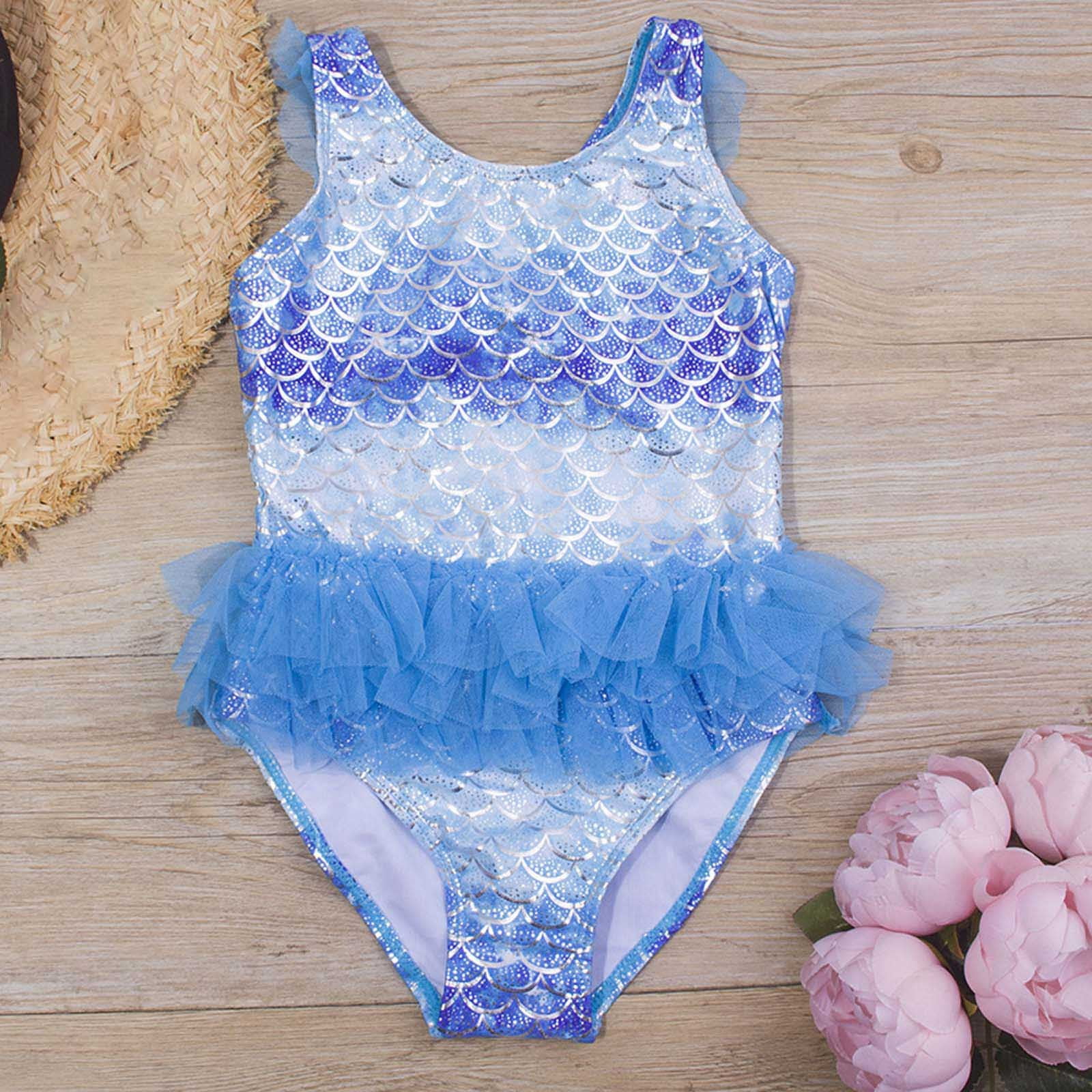 XDZJLR Girls Swimsuit for Blue Memaid Print Oe Piece with Lle Skirt for ...