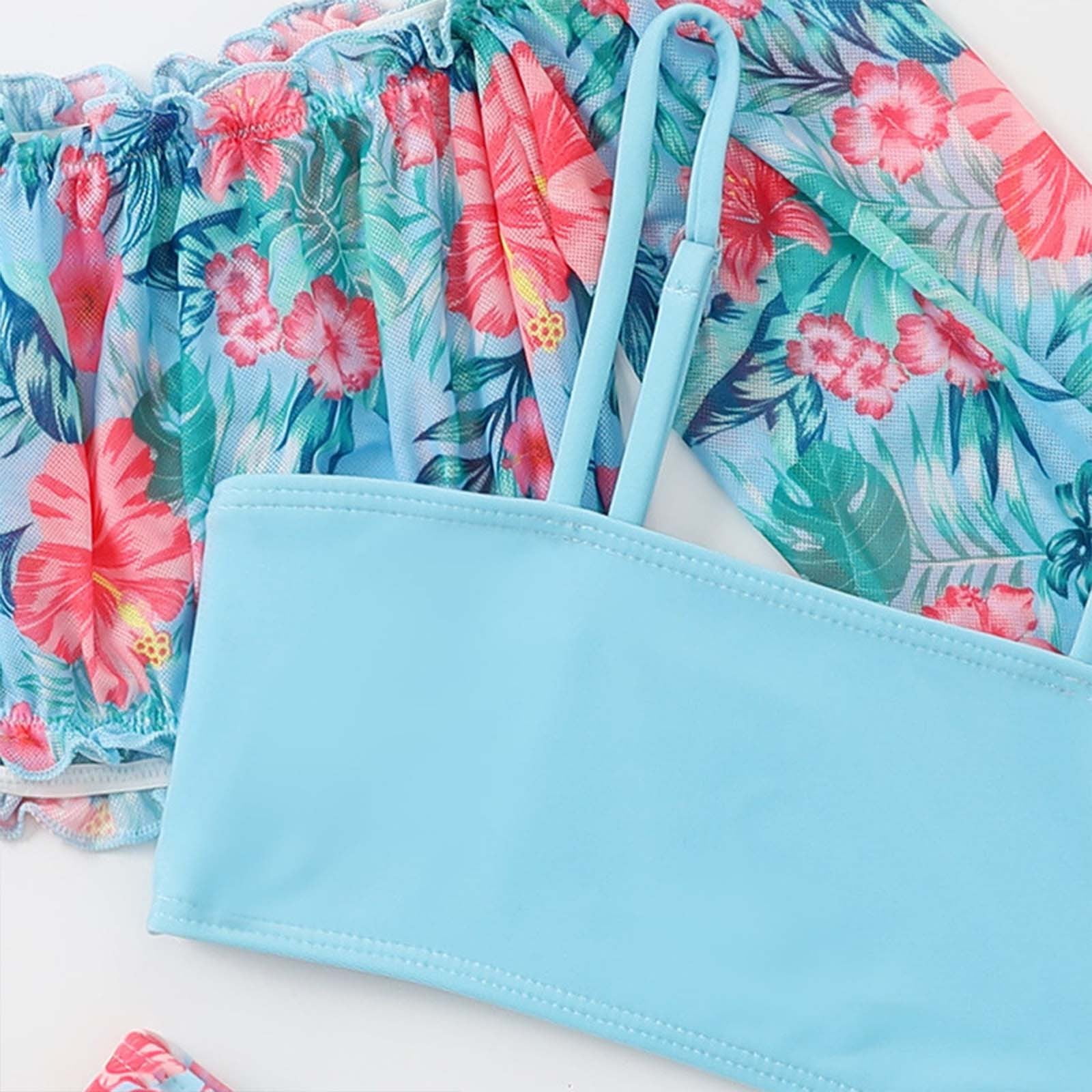 XDZJLR Girls Swimsuit for Floral Three Piece Set Kids' Strapless Letter ...