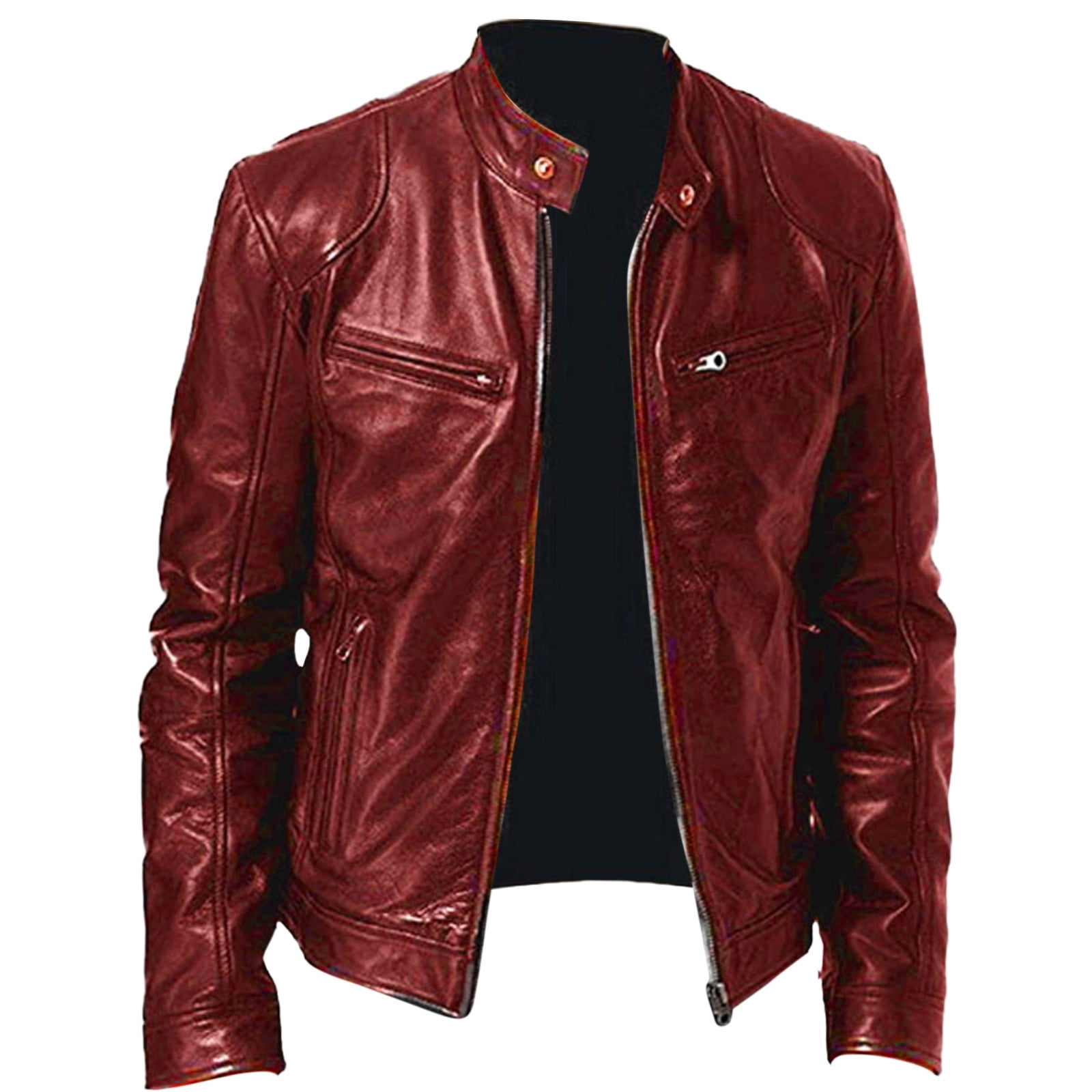 XDZJLR Men Vintage Cool Jacket Leather Long Sleeve Autumn Winter Stand ...