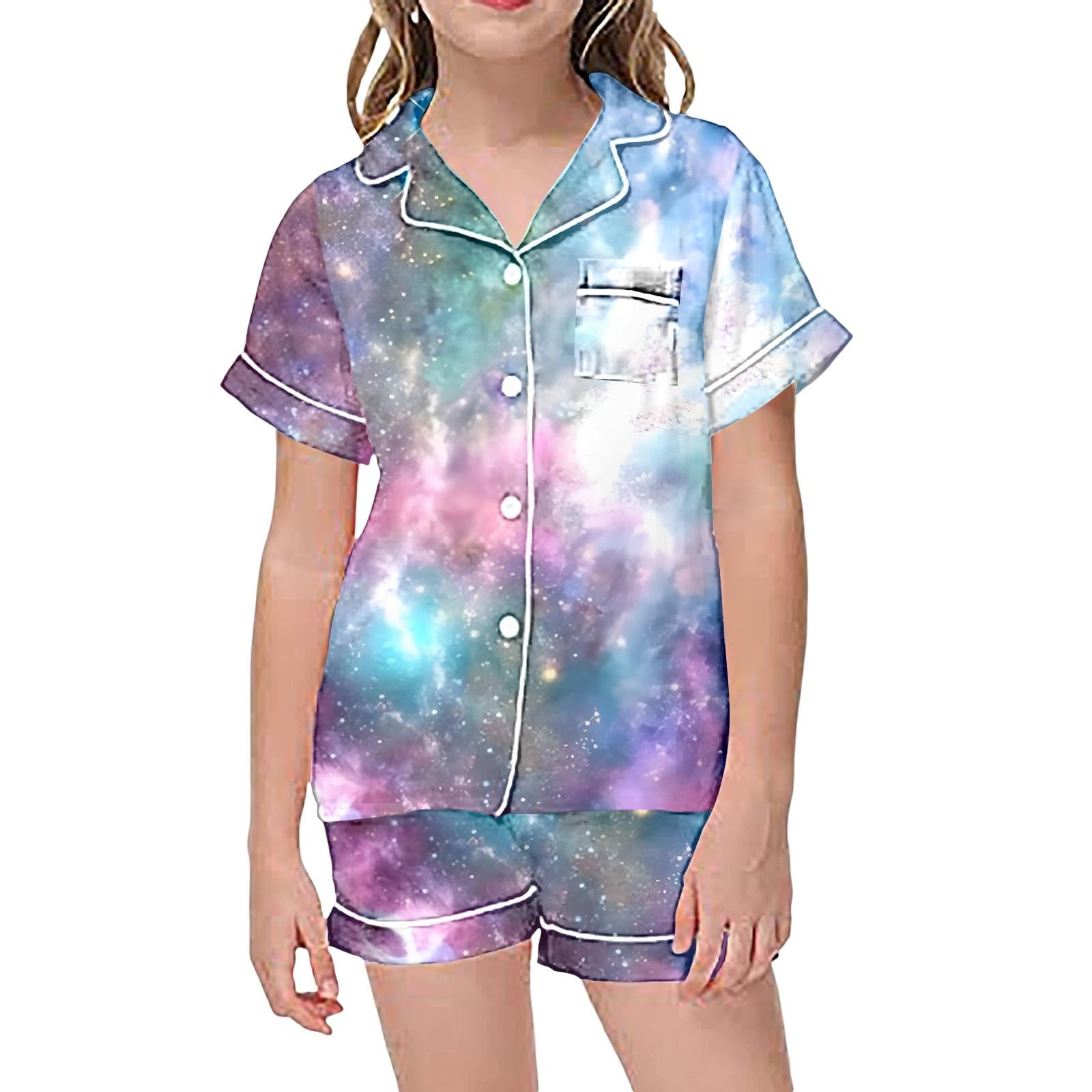 XDZJLR Toddler Girls Outfits Galaxy Print Button Lapel Short Sleeve Top ...