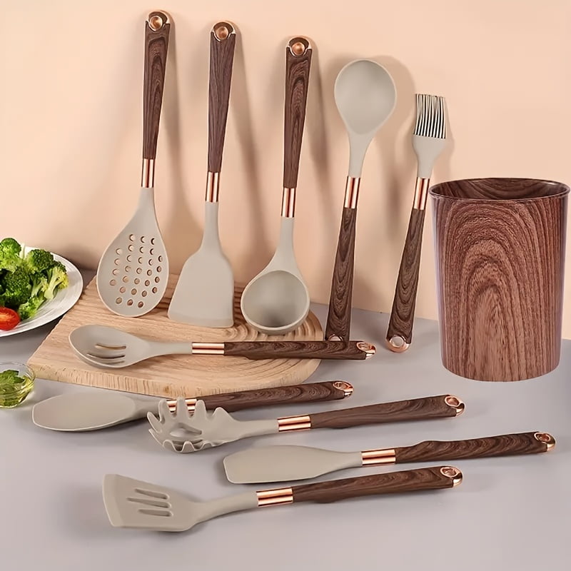 XEEZ A Set of 11 Wooden Kitchen Utensils with Wooden Handles, Non-Stick ...