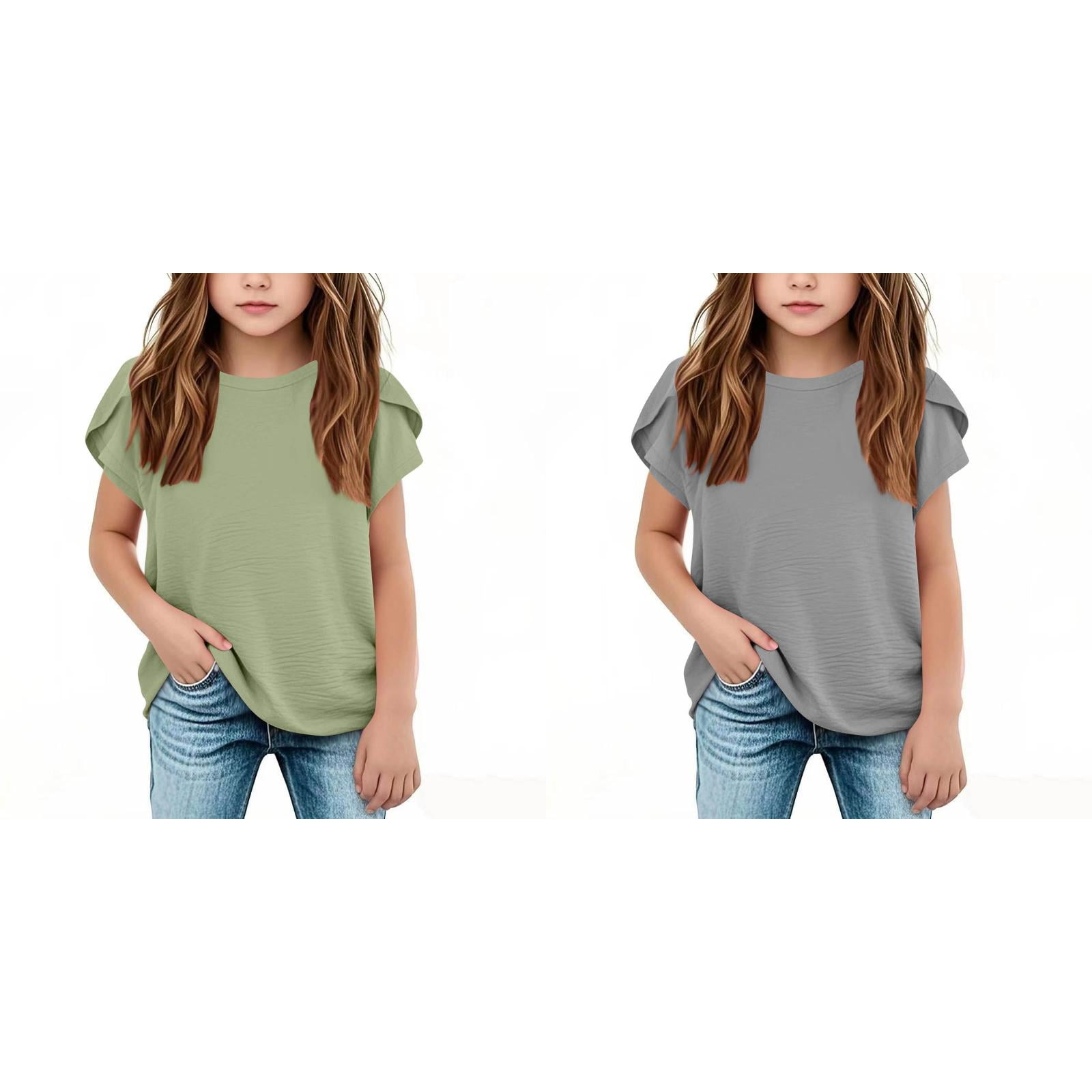 XEGLSBU 2 Pack Girls' T Shirts Crew Neck Petal Short Sleeve Shirts Cute ...