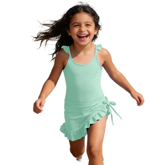 XEGLSBU Girls 1 Piece Swimsuit with Skirt Solid Color Two Piece Bathing ...