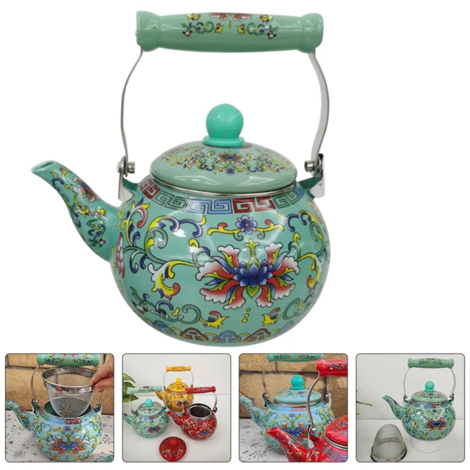 XEJEANG Doitool Large 2.2L Ceramic Enamel Floral Teapot Stovetop Tea ...