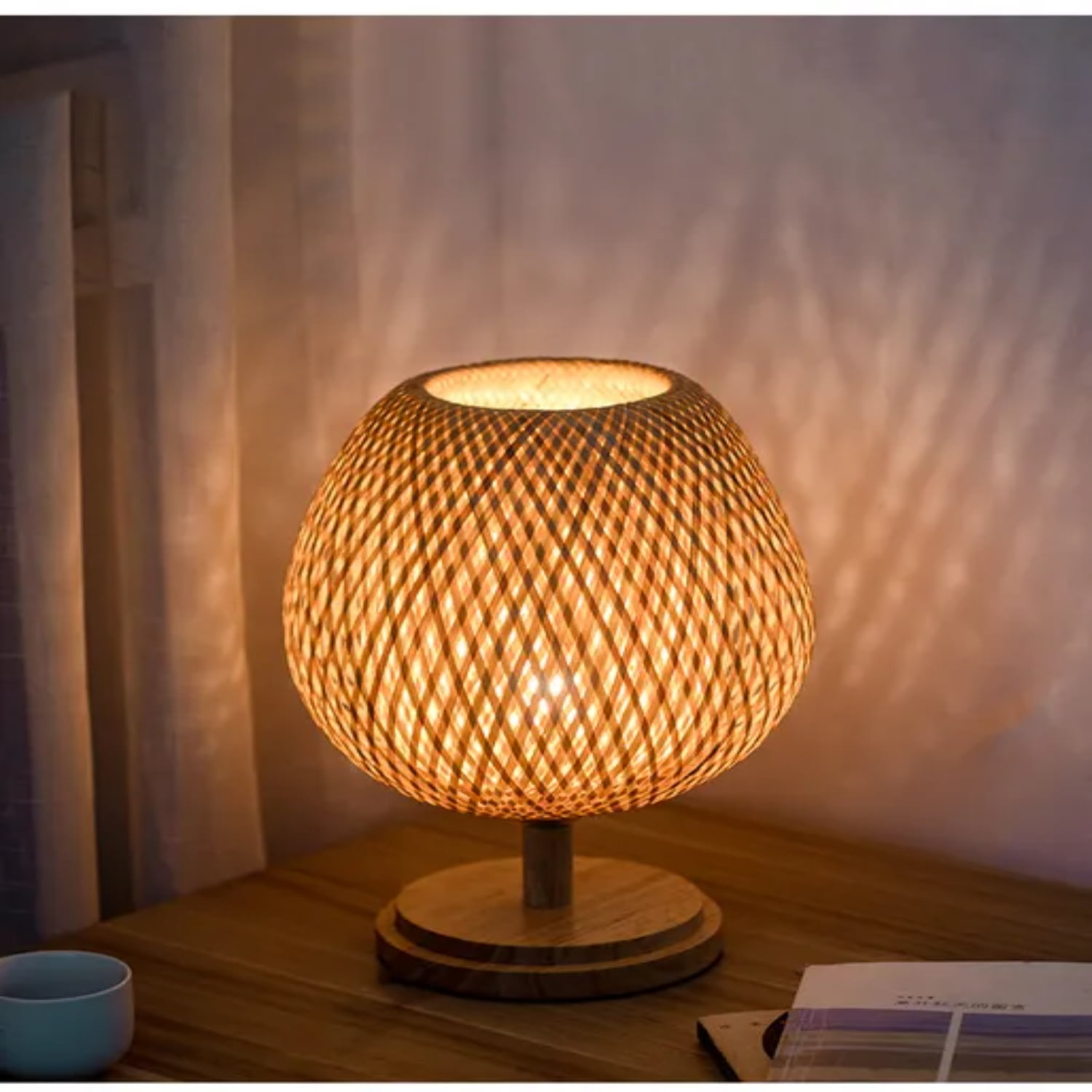 XEJEANG Small Rattan Table Lamp Stepless Dimmable Beside Lamp Vintage ...