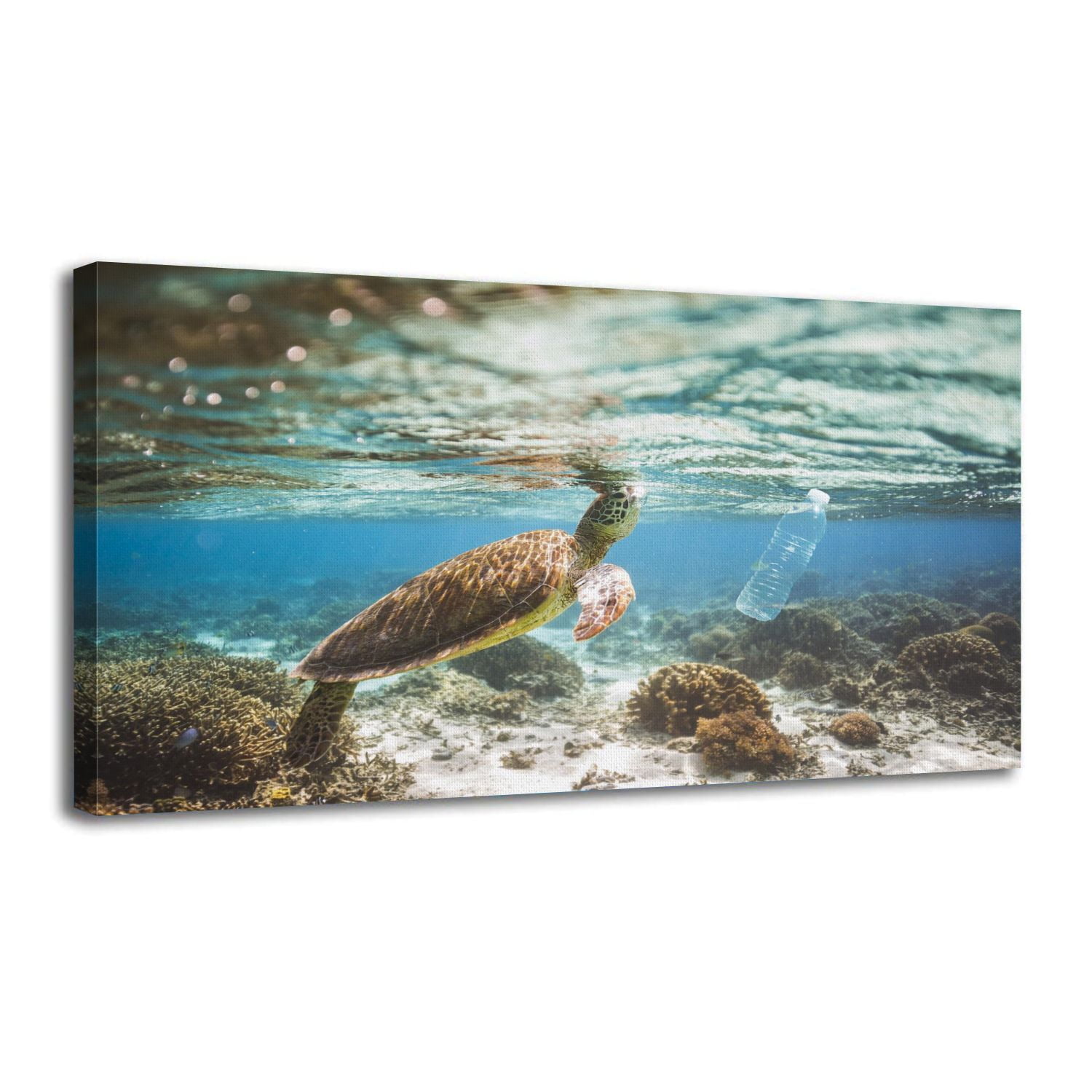 XEOSLKRH Canvas Wall Art Clear blue marine ocean turtle plastic bottle ...