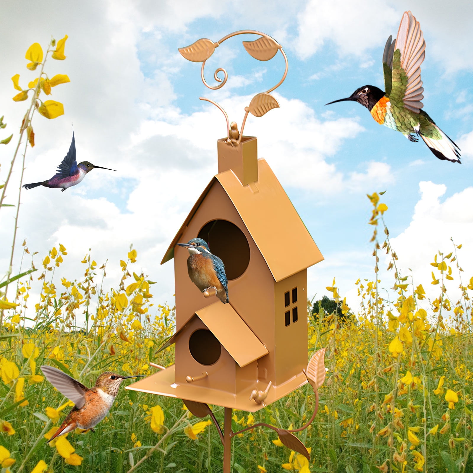 XEOVHV Metal Bird House with Poles, Outdoor Metal Bird House Stake ...