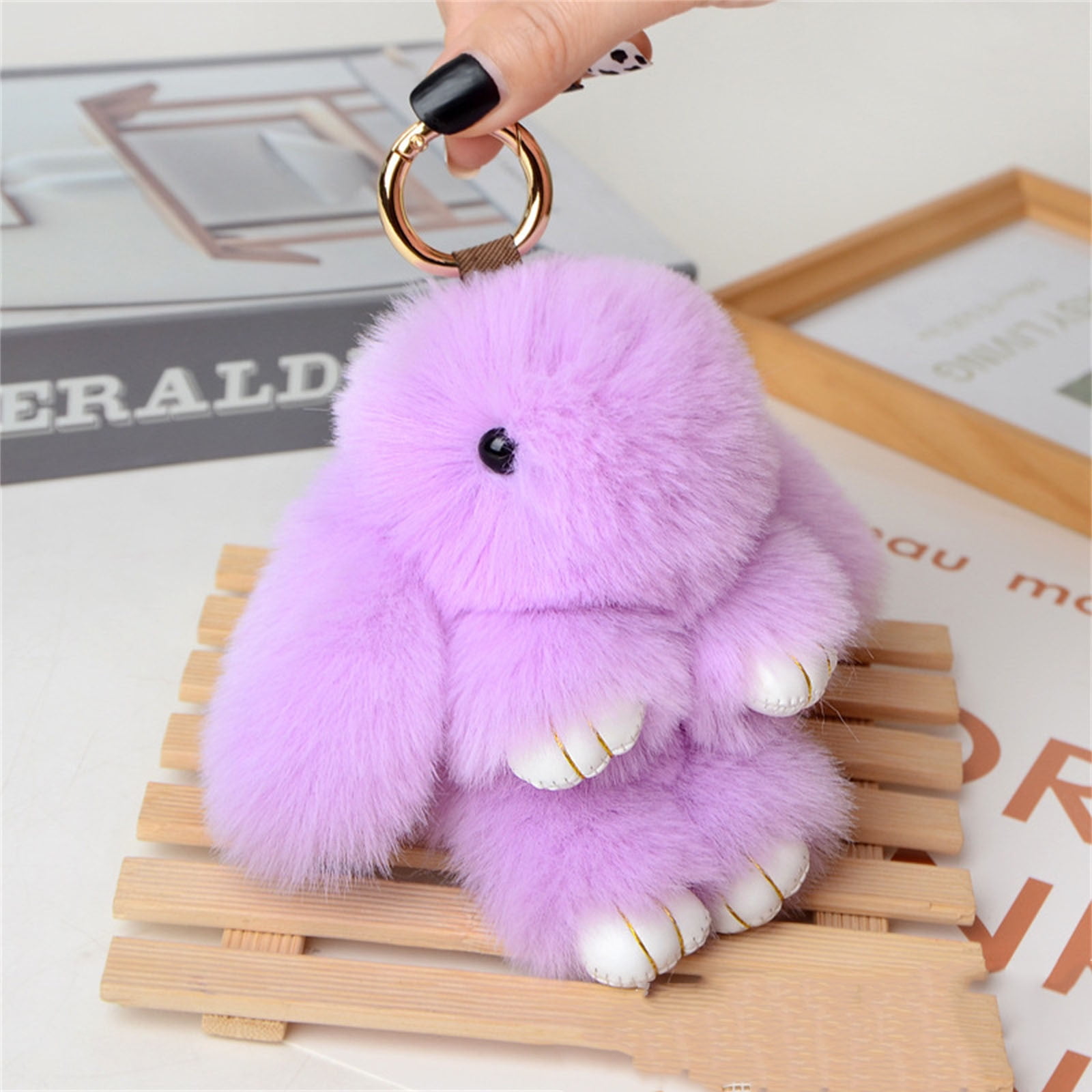 XEOVHV Rabbit Keychain Fluffy Pom Pom Rex Bunny Keyring, Cute Bunnylulu ...