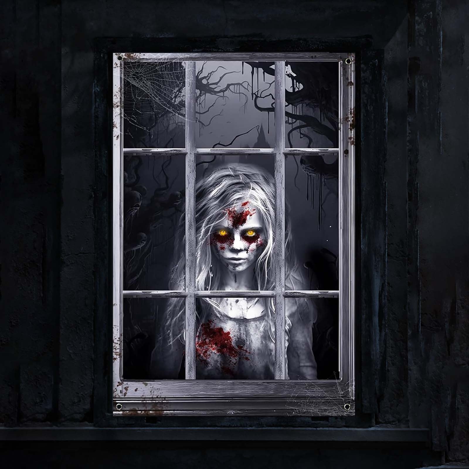 XEOVHV Scary Halloween Curtain, Halloween Window Silhouette Decorations ...