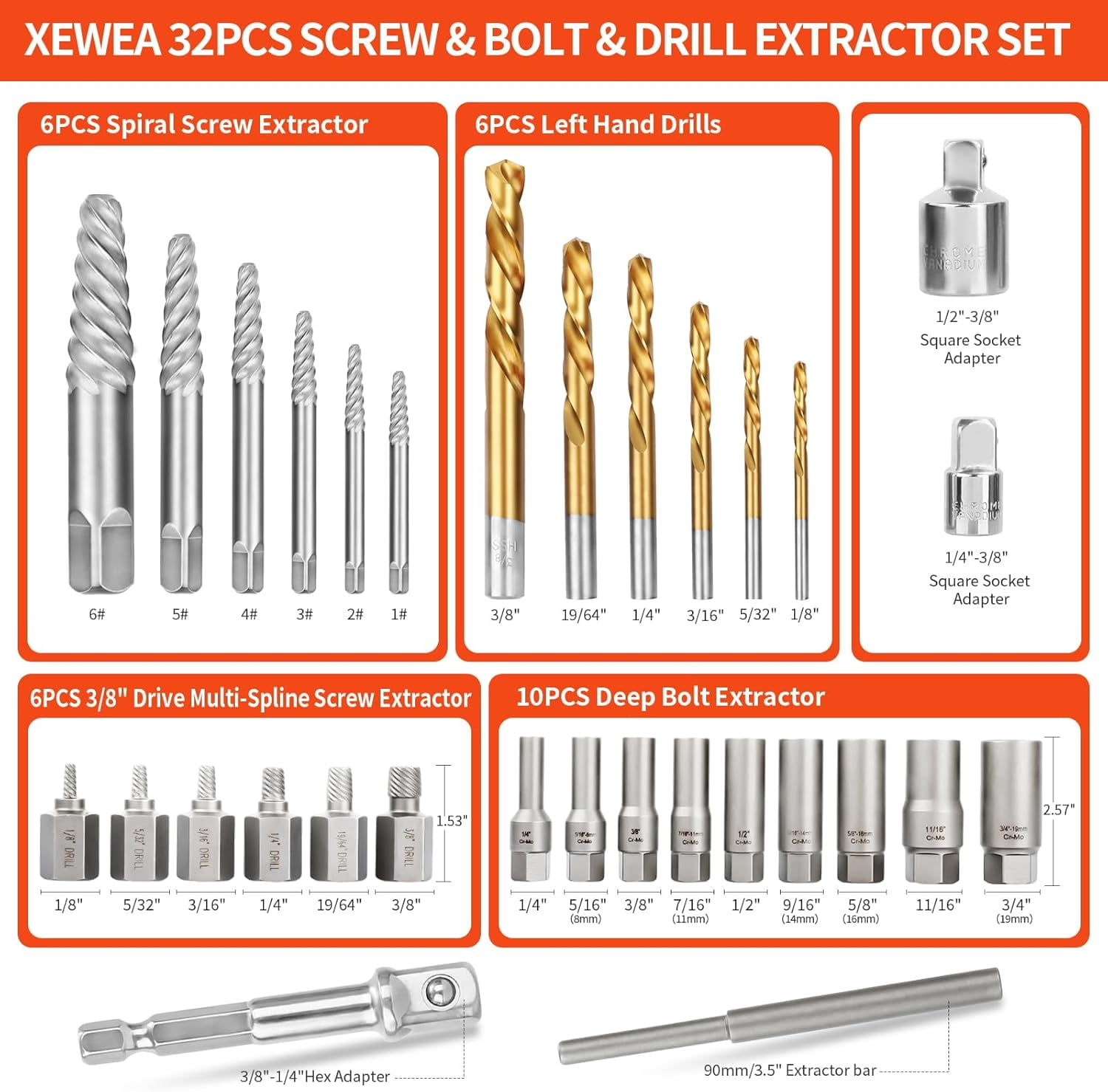 XEWEA 31PCS Screw & Bolt Extractor Set with Left-Hand Drill Bits, Deep ...