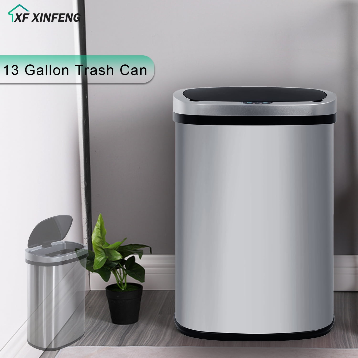XF XINFENG 13 Gallon Touch-Free Motion Sensor Stainless Steel Trash Can, Large Capacity with Non ...