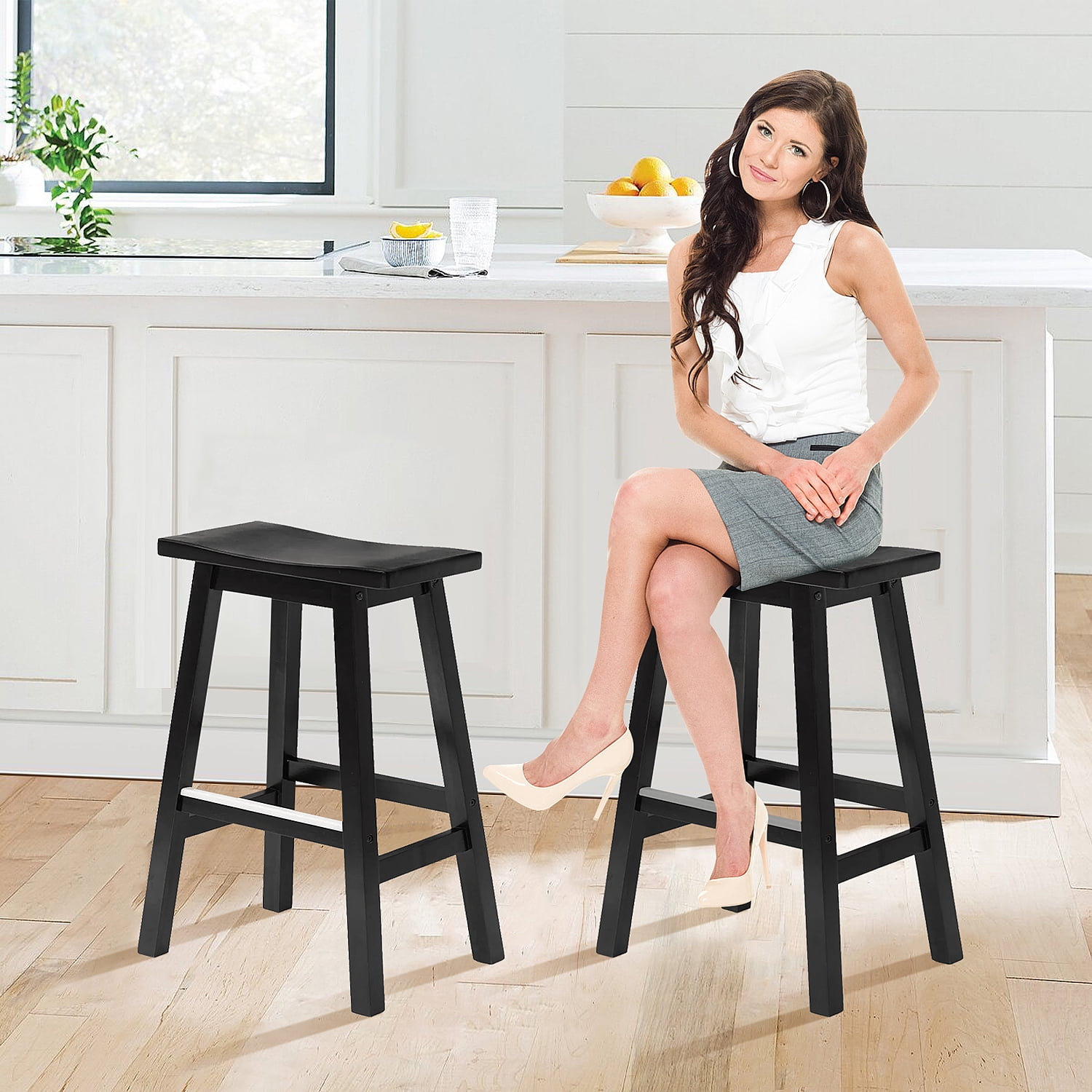 XF XINFENG 24 inch Bar Stools Set of 2, Solid Wood Saddle Chair ...