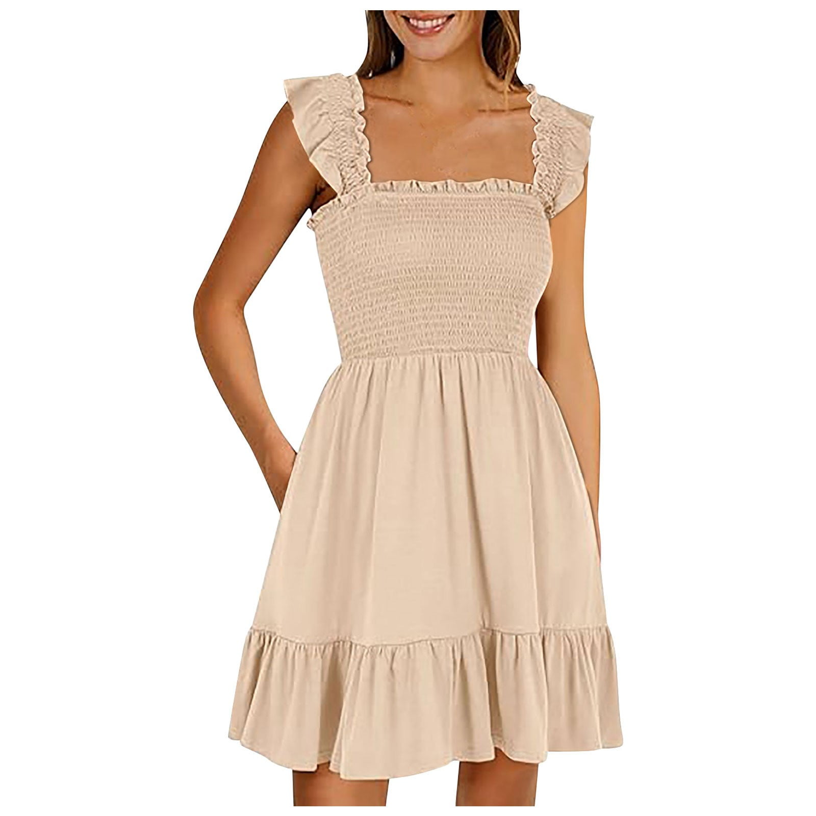XFHLMJFF Dresses For Women 2024 Summer Ruched Sundress Beach Basic ...
