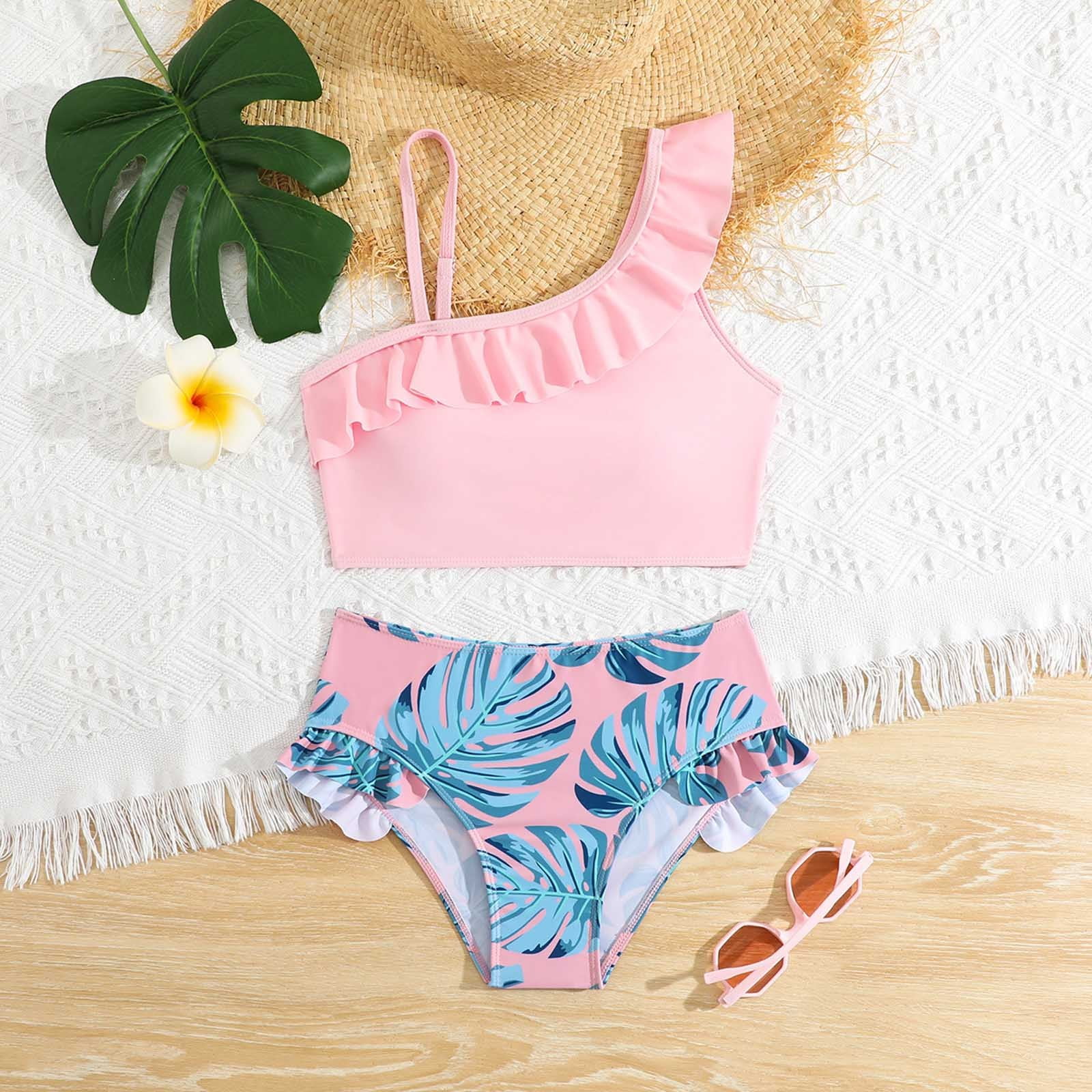 XFHLMJFF Girls Swimsuits 2 Piece Bathing Suit With Ruffle Trim Tree Print Halter Top Summer Sun ...