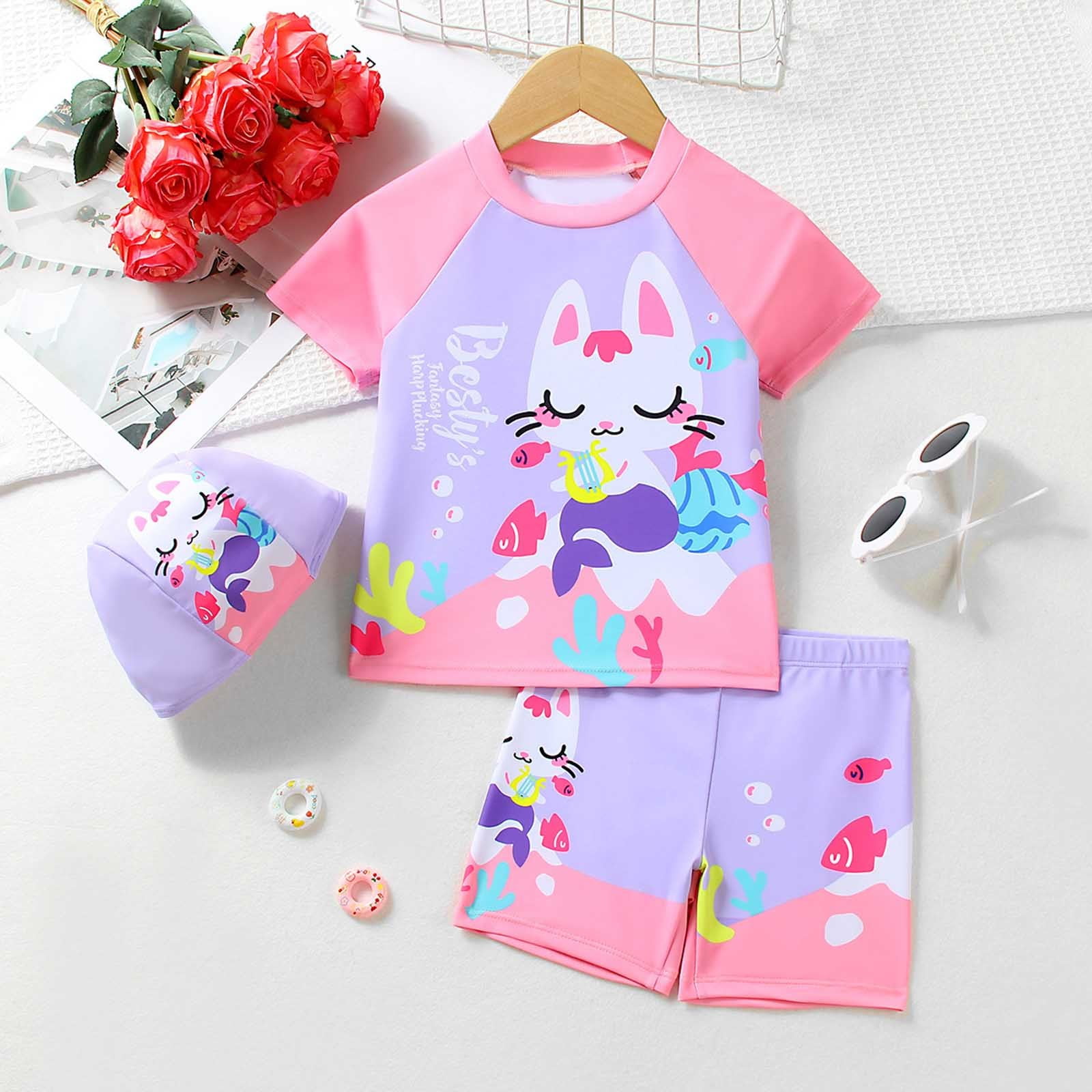 XFHLMJFF Girls Swimsuits Baby Cartoon Bunny Print Short Sleeve Tops ...