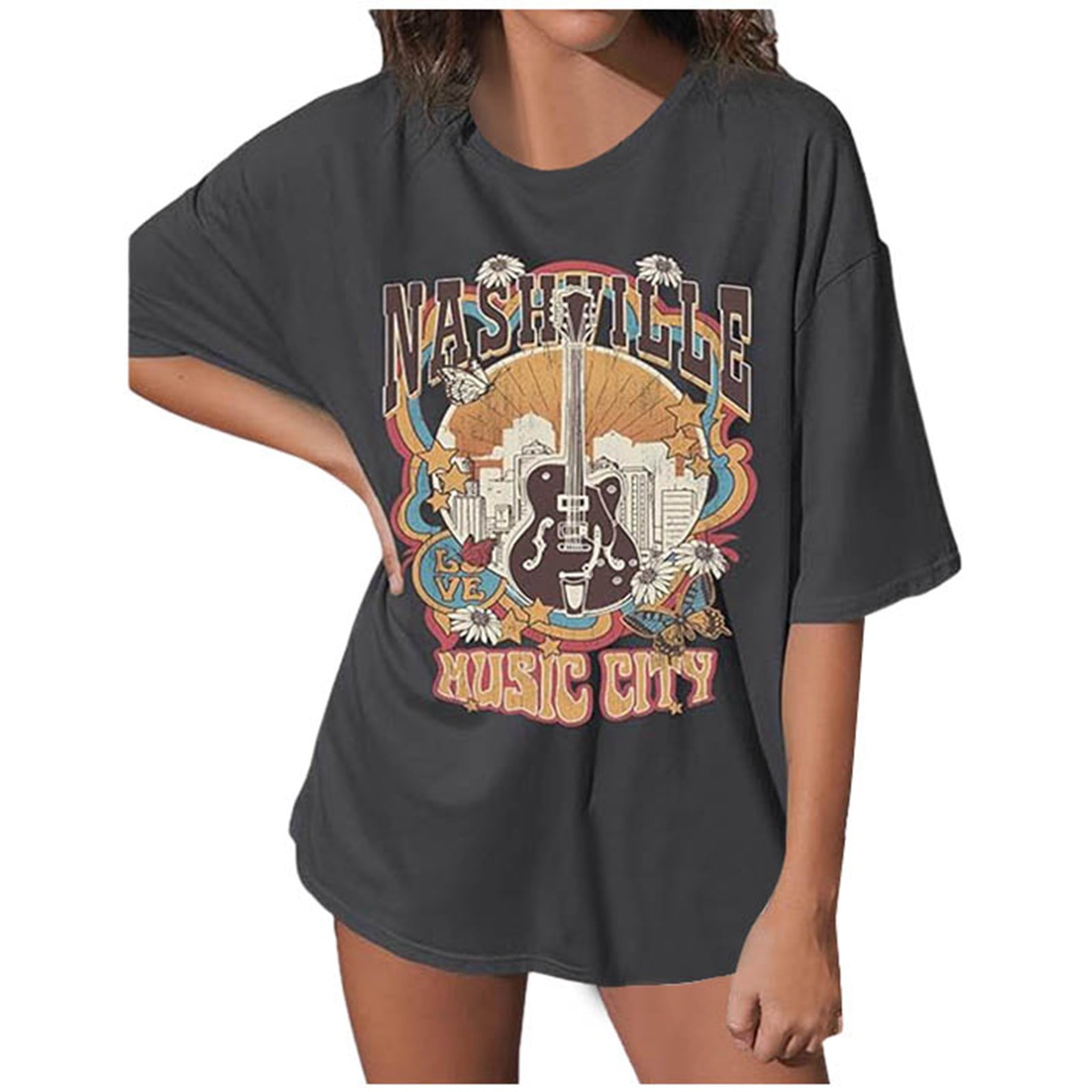 Xfhlmjff Oversized Tshirts For Women Basic Music City Country Concert