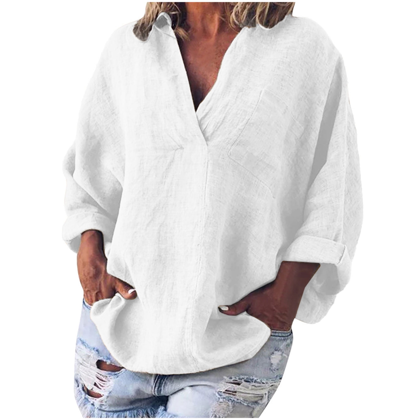 XFLWAM Cotton Linen Tops for Women Long Sleeve Oversized Blouse Solid ...
